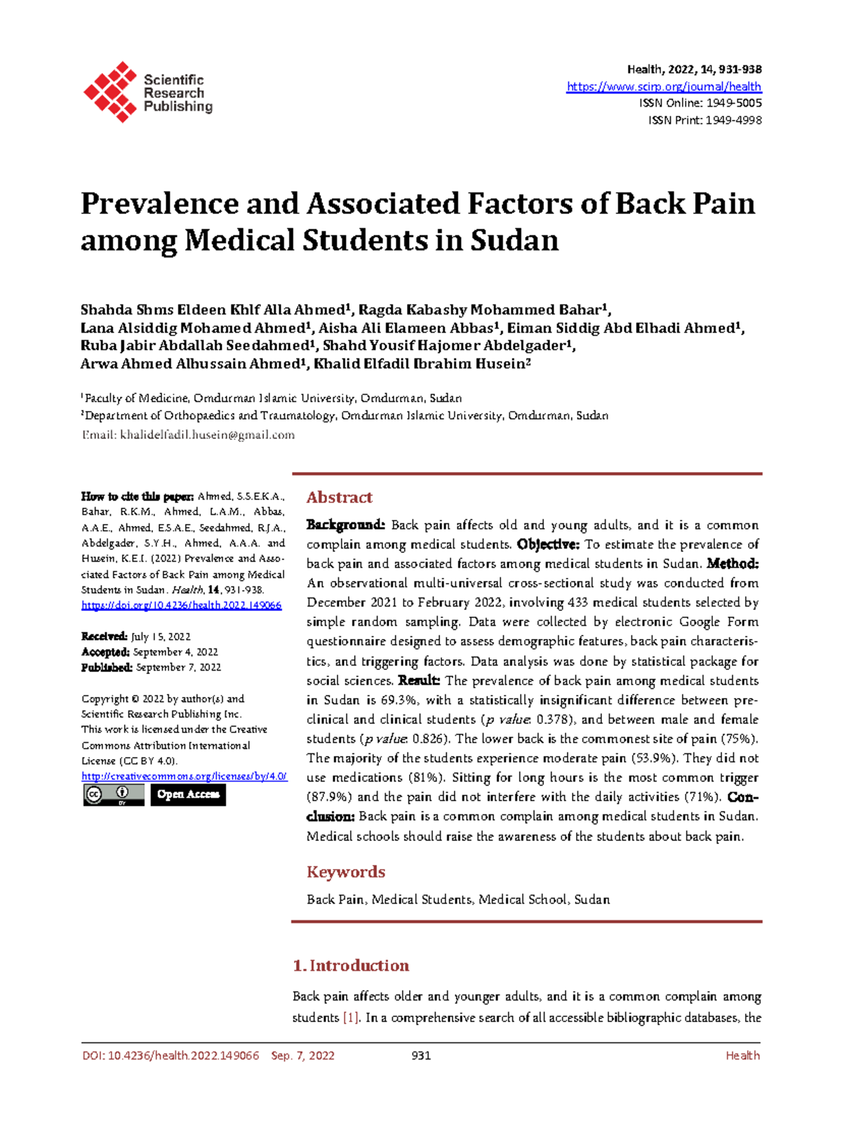Back pain among Medical Students - Health, 2022, 14, 931- scirp/journal ...