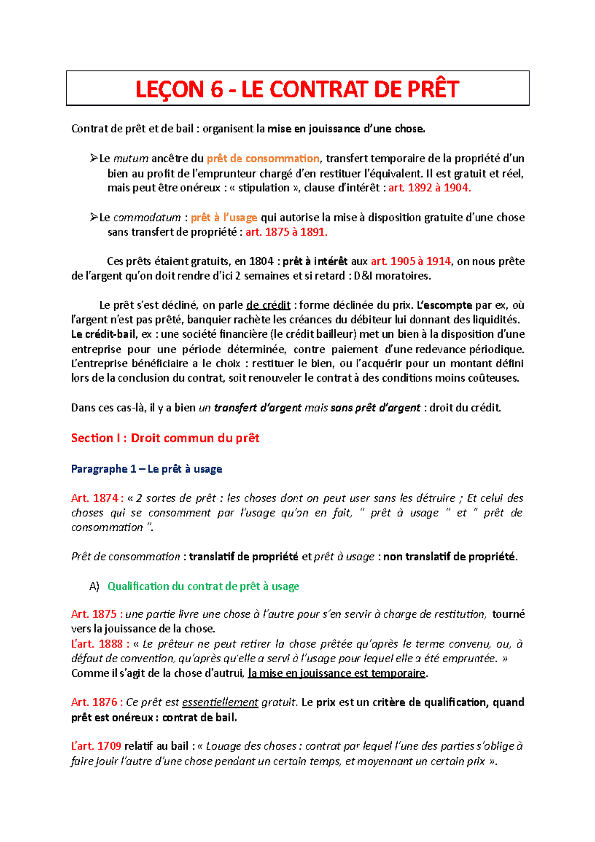 LE CONTRAT DE PRÊT contrat spéciaux - LEÇON 6 - LE CONTRAT DE PRÊT ...