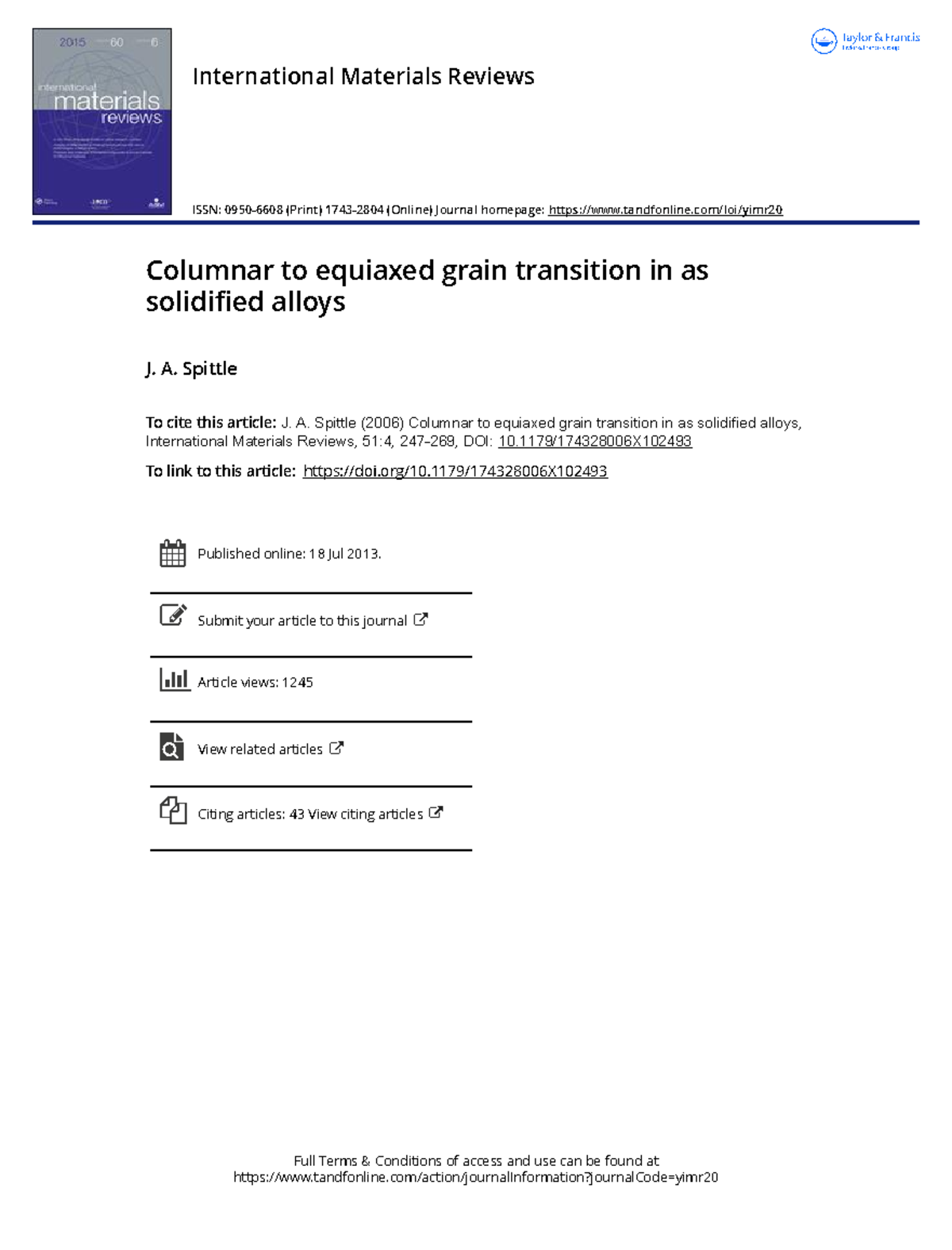 Columnar to equiaxed grain transition in as solidified alloys - Full ...