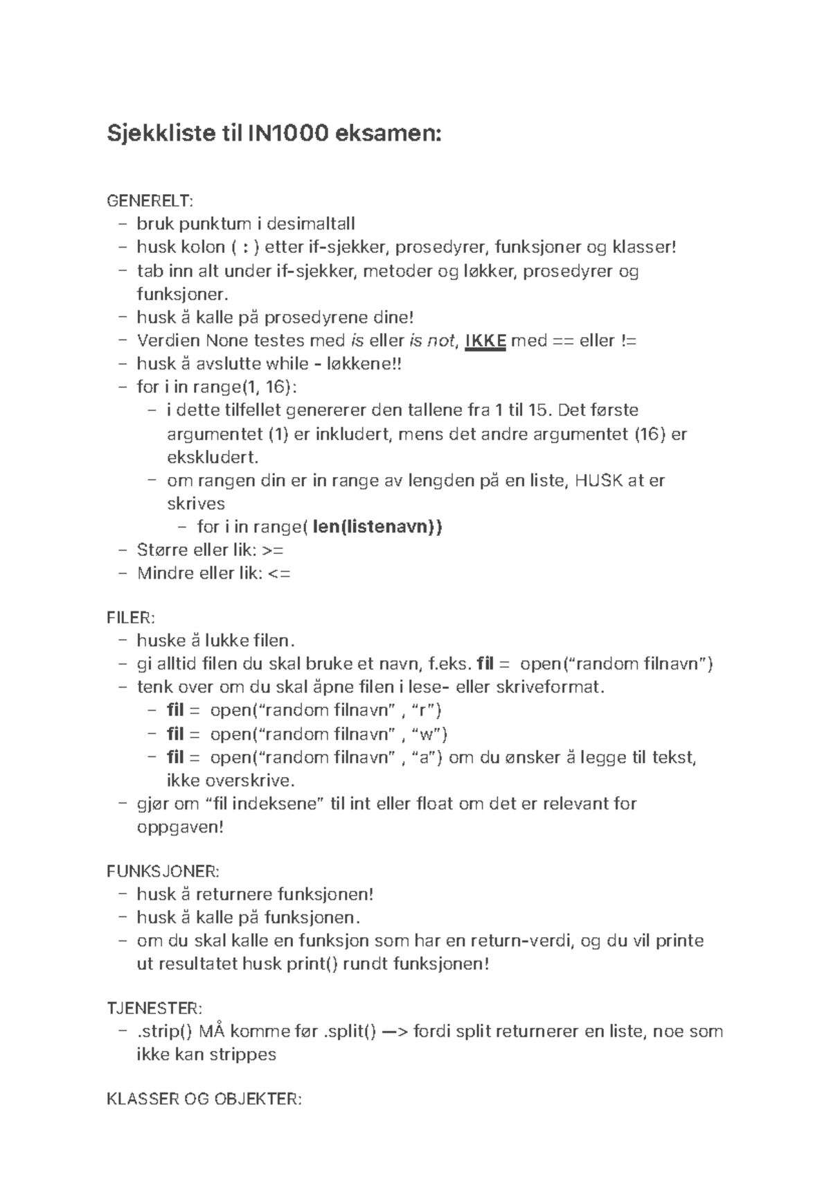 Sjekkliste til IN1000 eksamen ...
