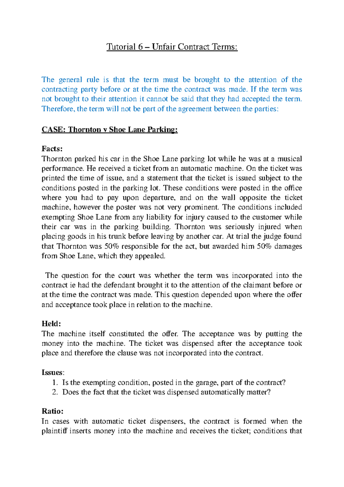 Contract Law – Seminar on Unfair Contract Terms - Tutorial 6 – Unfair Contract Terms: The ...