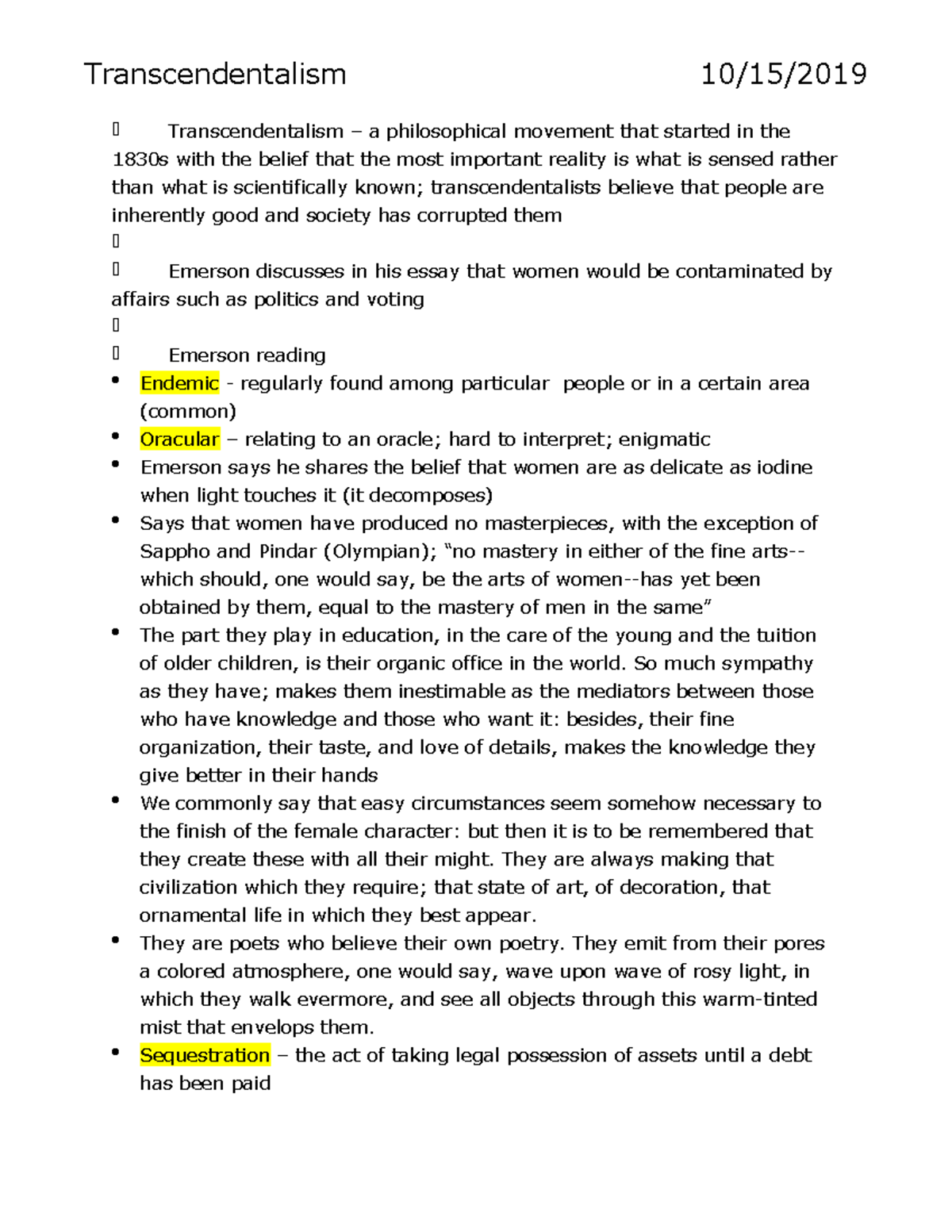 Transcendentalism - lecture notes - Transcendentalism 10/15 ...