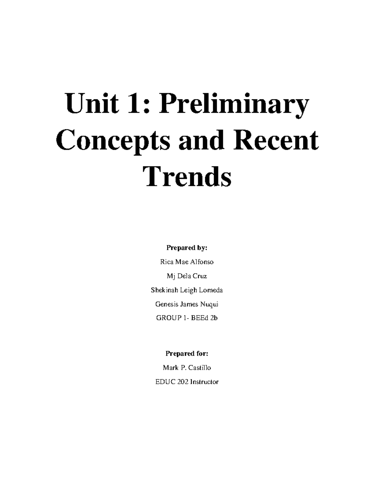 Group 1-EDUC 202 Written Report Handout - Unit 1: Preliminary Concepts ...
