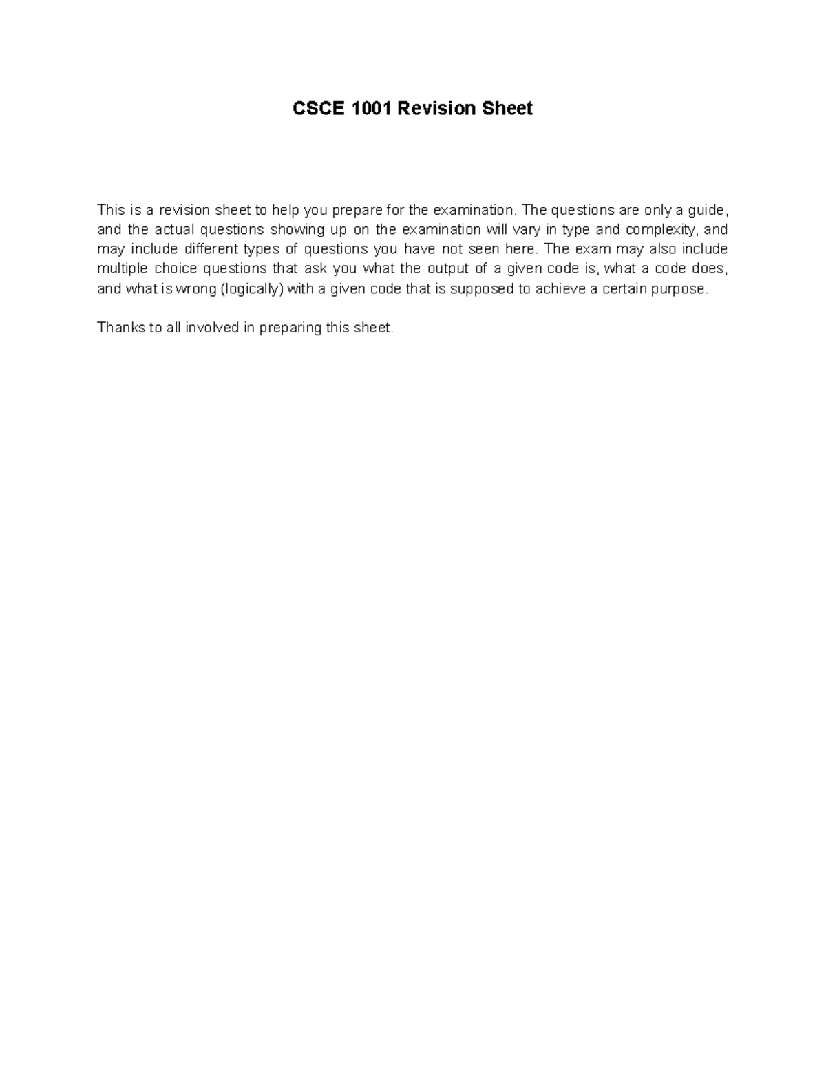 1001 Revision Sheet - CSCE 1001 Revision Sheet This is a revision sheet to help you prepare for ...