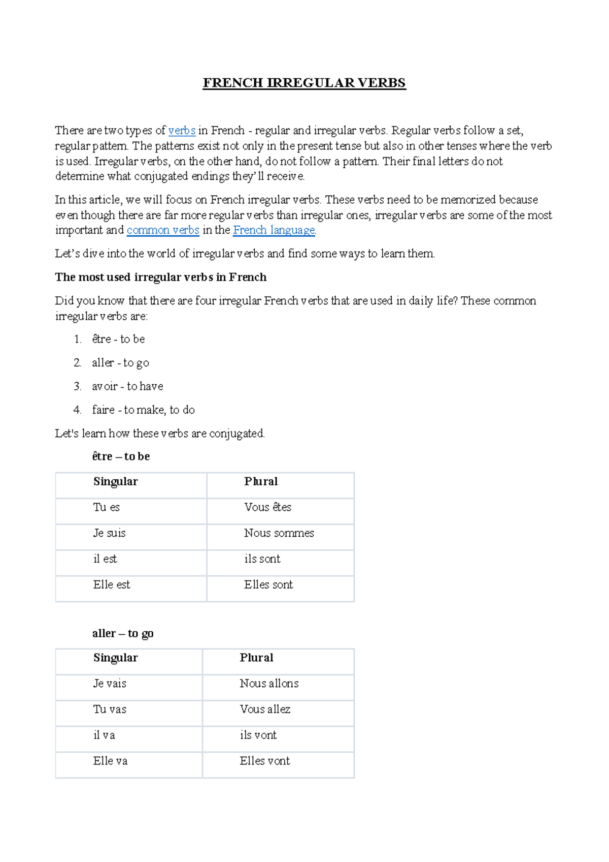 Irregular Verbs - FRENCH IRREGULAR VERBS There are two types of verbs ...