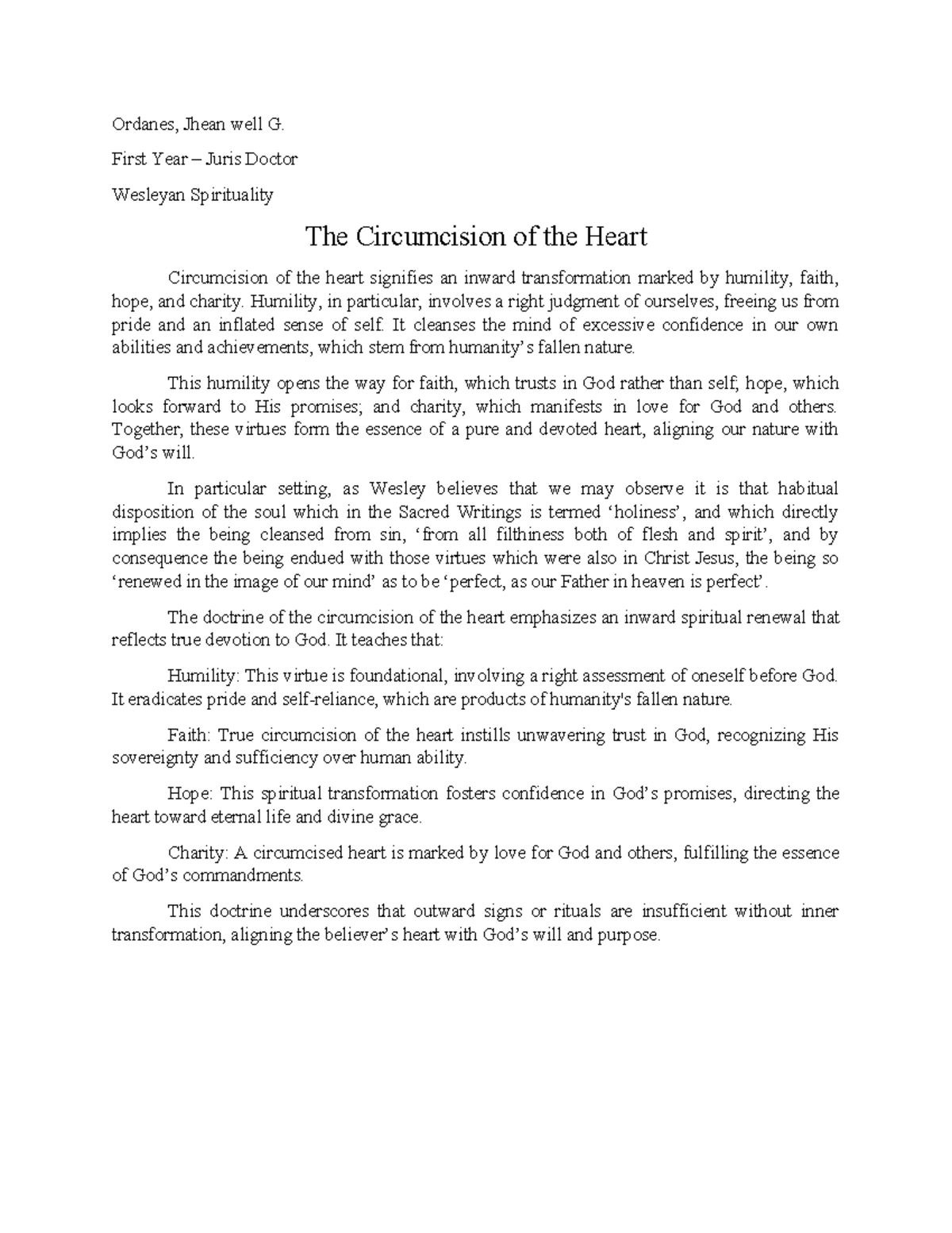 The Circumcision of the Heart - Ordanes, Jhean well G. First Year ...