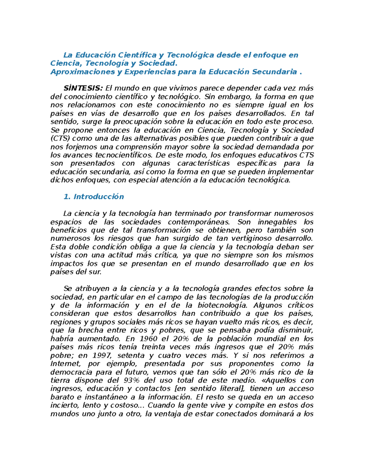 La Educación Científica y Tecnológica desde el enfoque en Ciencia - La ...