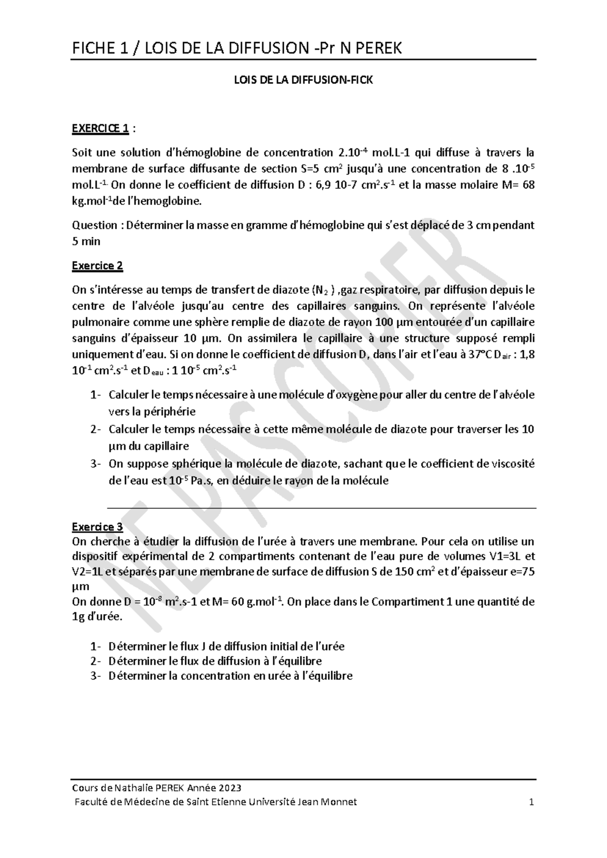Fiche 1exo LOIS Diffusion 2023 - enonce - FICHE 1 / LOIS DE LA ...