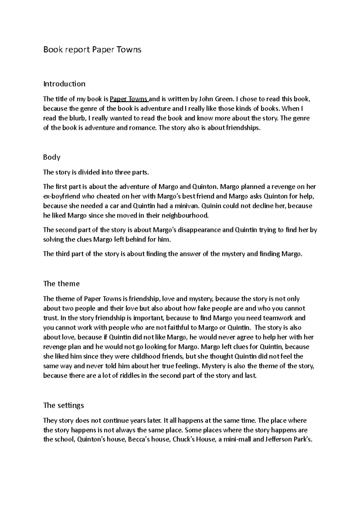 Book report Paper Towns - Book report Paper Towns Introduction The ...