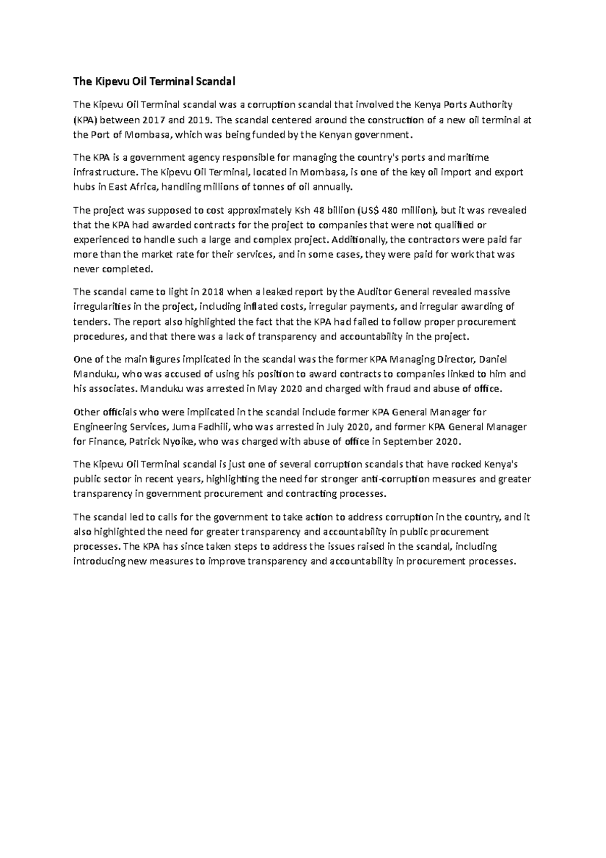 The Kipevu Oil Terminal Scandal - The scandal centered around the ...