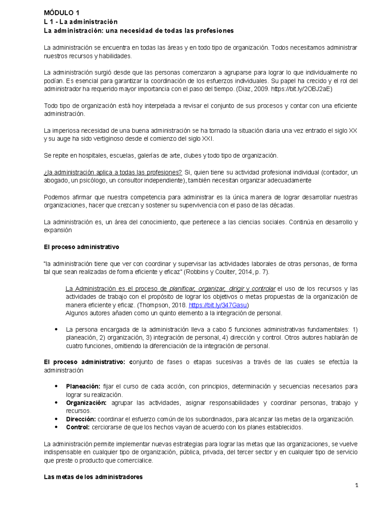 Resumen Adm Mód 1 y 2 - MÓDULO 1 L 1 - La administración La ...