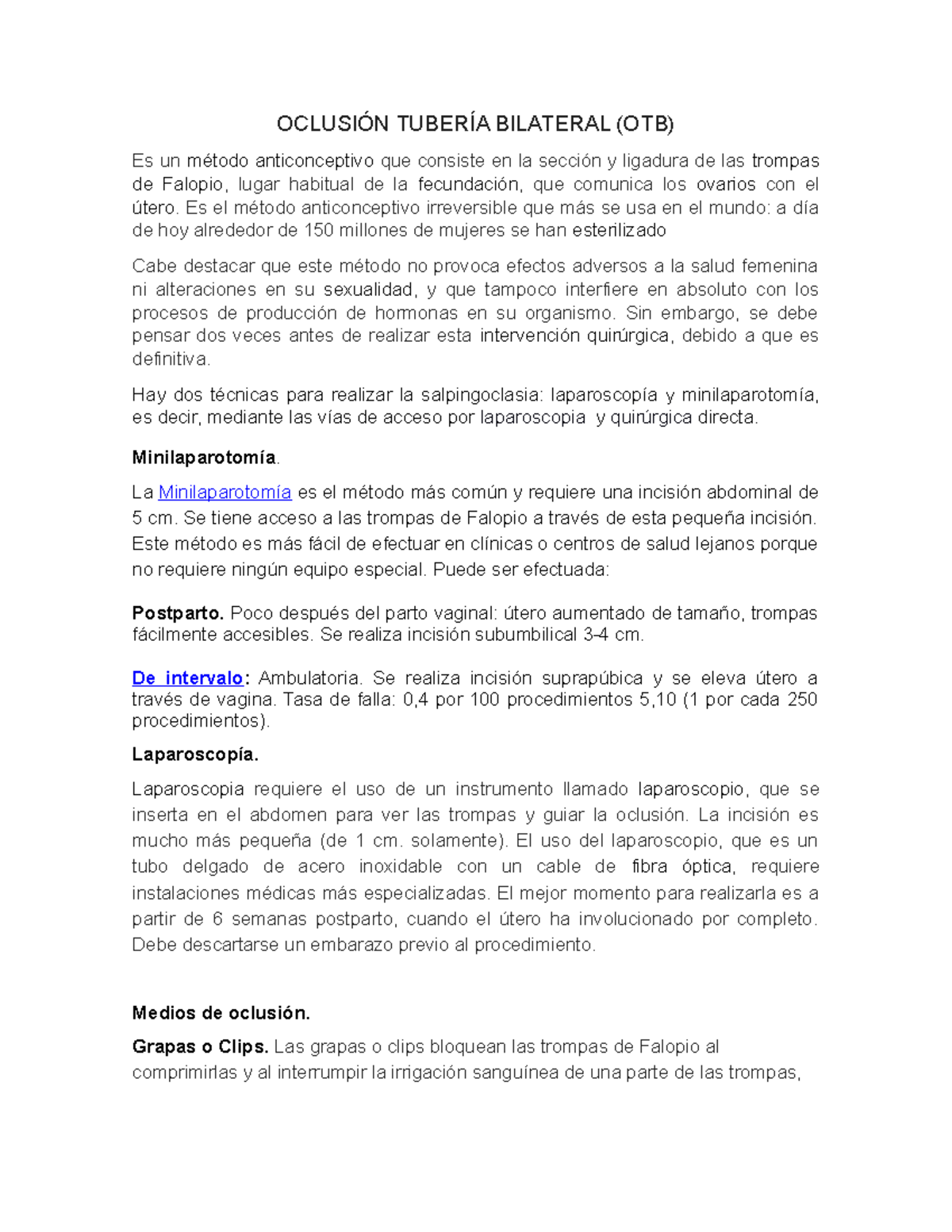 Oclusión Tubería Bilateral - OCLUSIÓN TUBERÍA BILATERAL (OTB) Es un ...