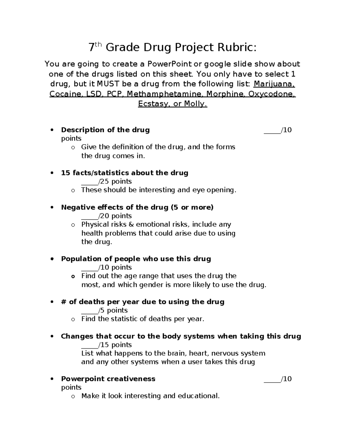 7th Grade Drug Powerpoint Rubric - 7 th Grade Drug Project Rubric: You ...