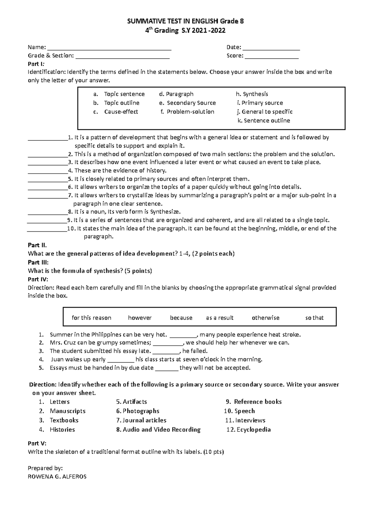 Quiz - FOR EDUC COURSE - SUMMATIVE TEST IN ENGLISH Grade 8 4 th Grading ...