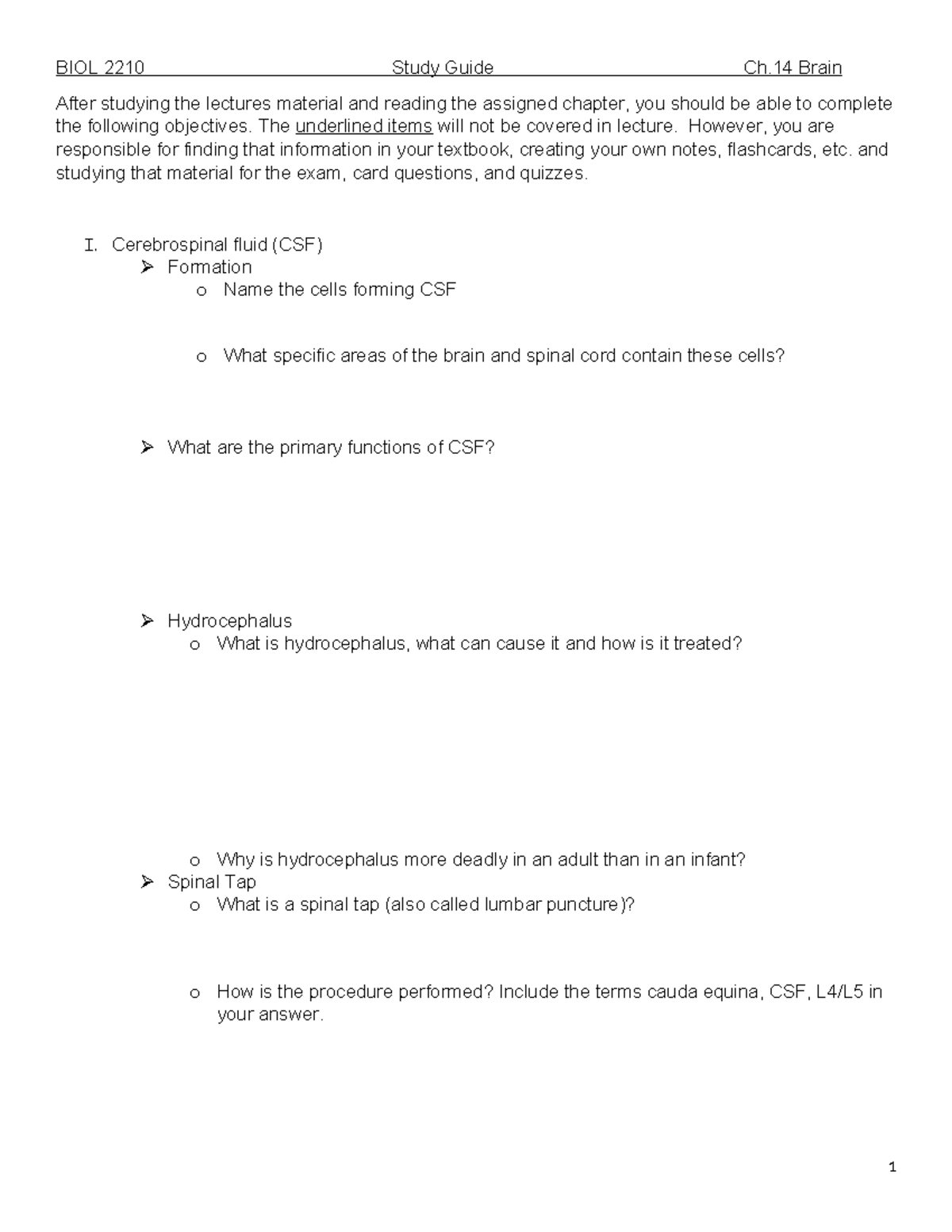 Ch.14 Brain Study Guide - BIOL 2210 Study Guide Ch Brain After studying ...