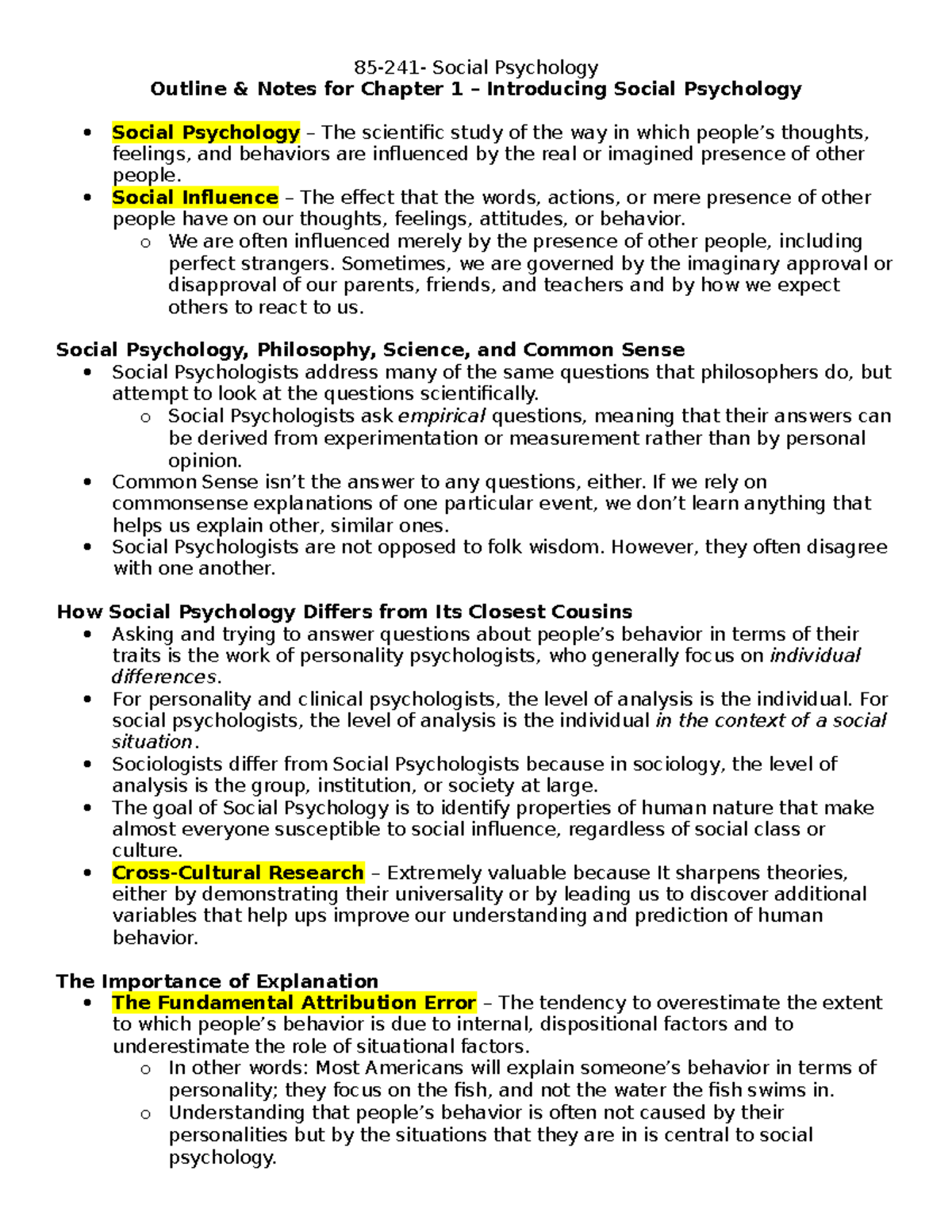 Overview of Social Psychology Notes S - 85-241- Social Psychology ...