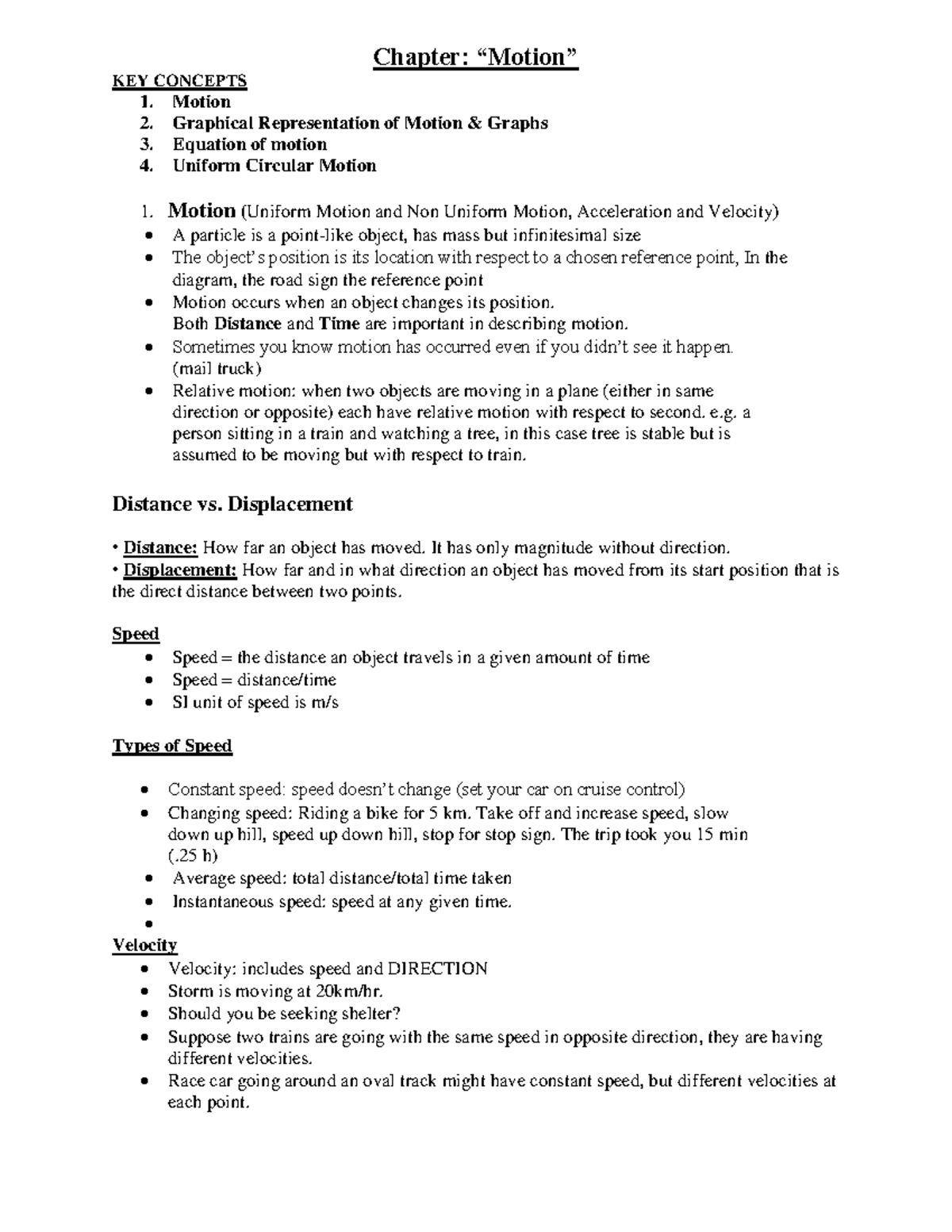 395734633 Motion Notes 1 docx - Chapter: “Motion” KEY CONCEPTS 1 ...