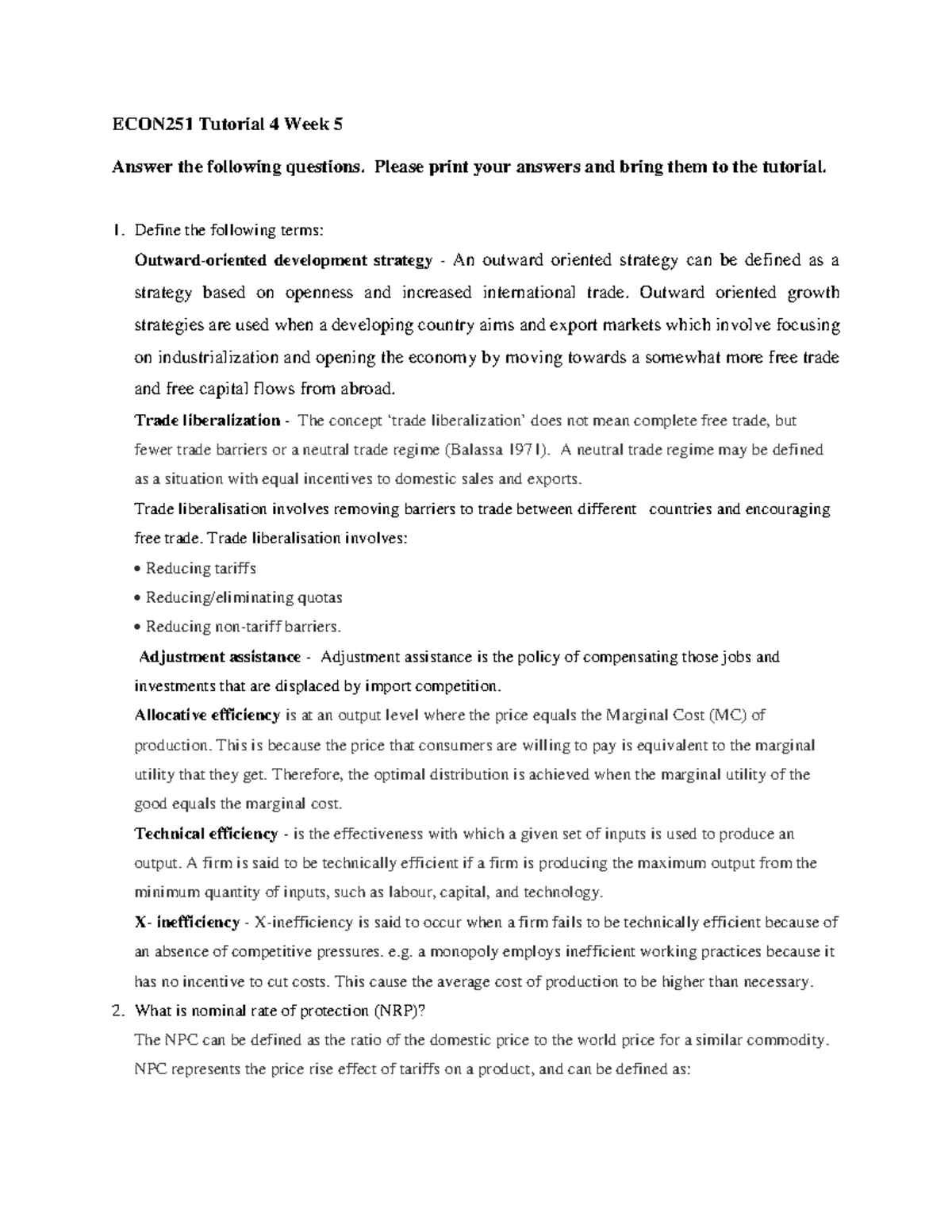 Tutorial 4 answers - ECON251 Tutorial 4 Week 5 Answer the following ...