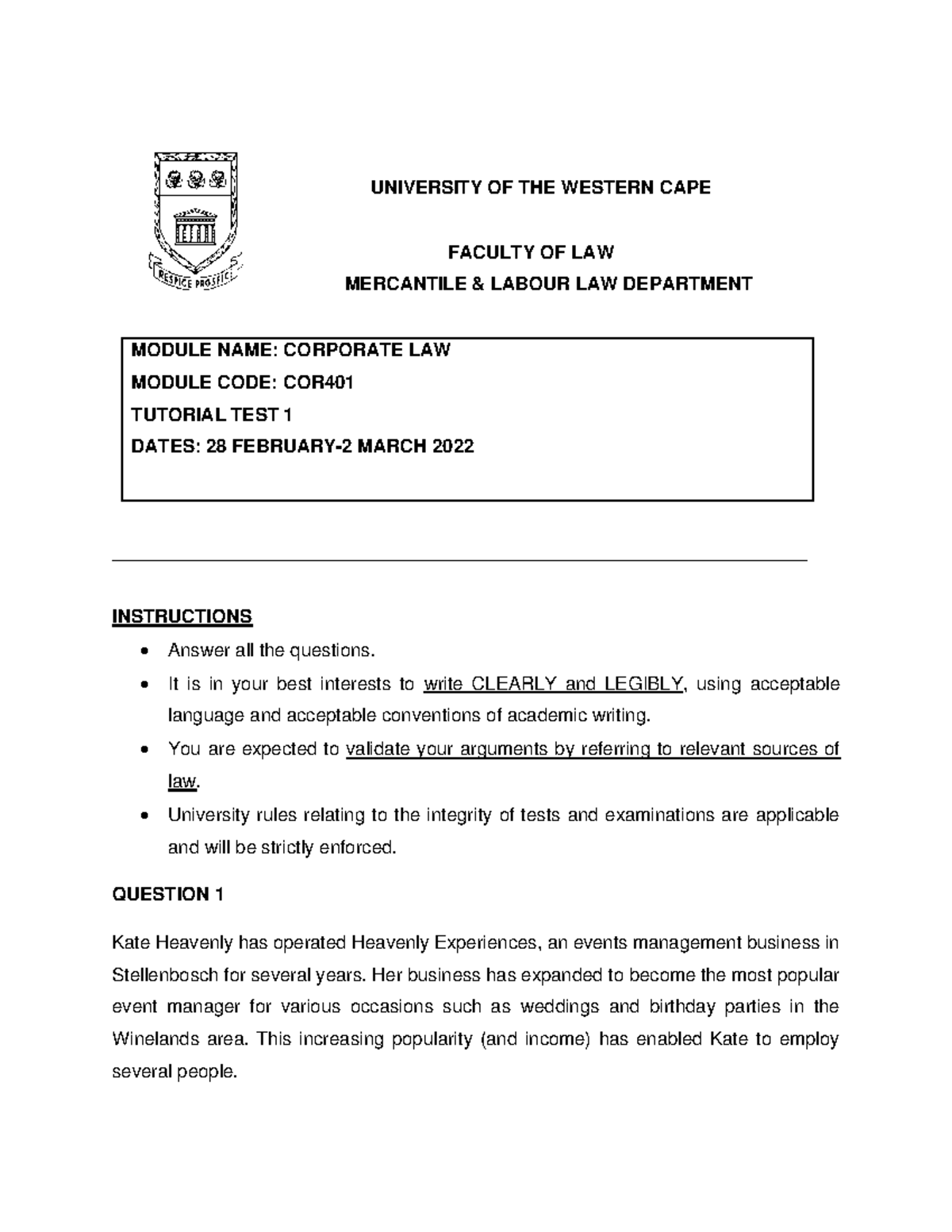COR401 Tutorial 1 2022-converted - UNIVERSITY OF THE WESTERN CAPE FACULTY OF LAW MERCANTILE ...