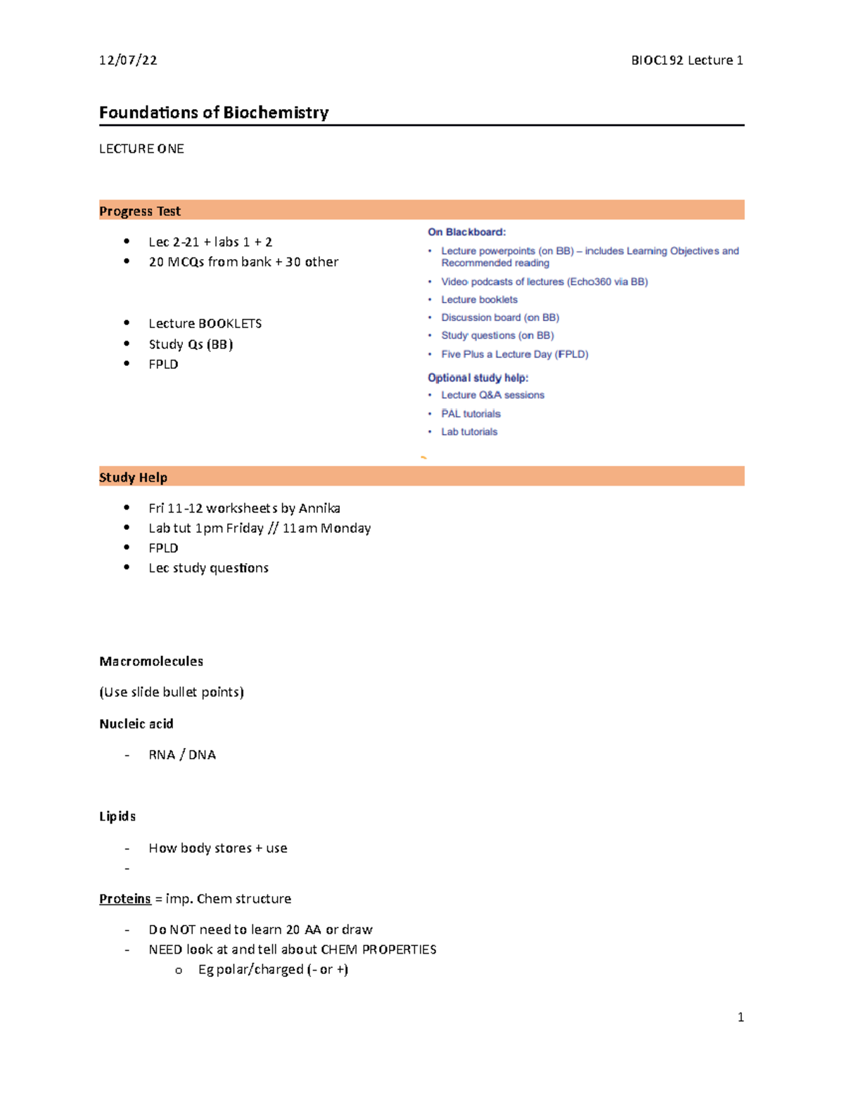 BIOC L1 - L1 notes - 12/07/22 BIOC192 Lecture 1 Foundations of ...