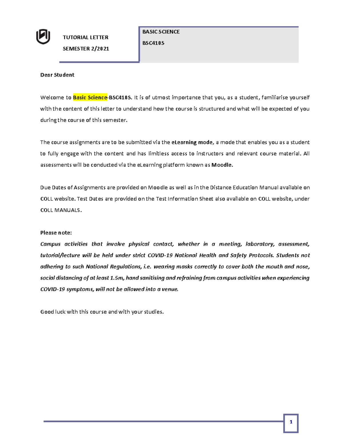 BSC410S S2 2021 - BAsic Science tutorial - TUTORIAL LETTER SEMESTER 2 ...