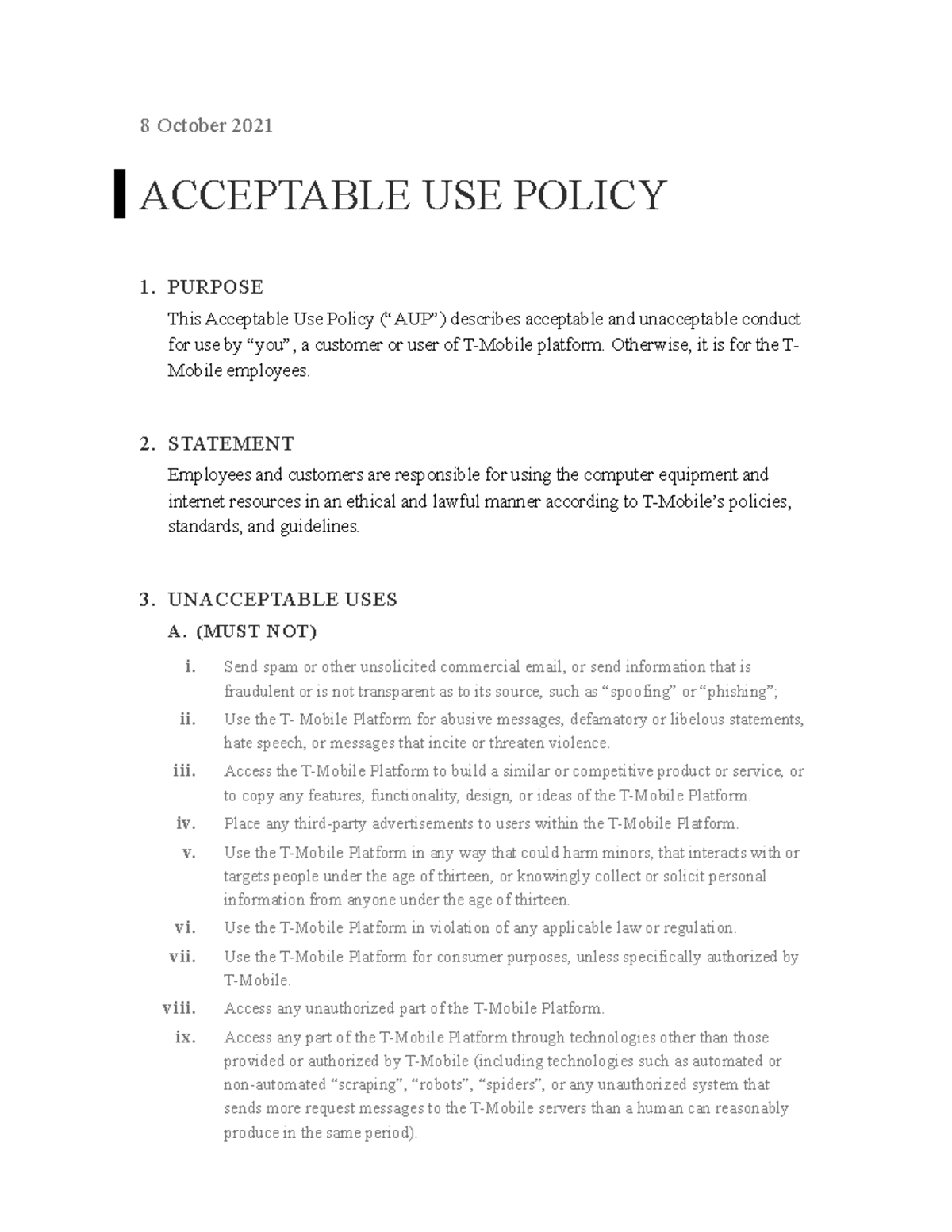 Acceptable Use Policy - arty - 8 October 2021 ACCEPTABLE USE POLICY 1 ...