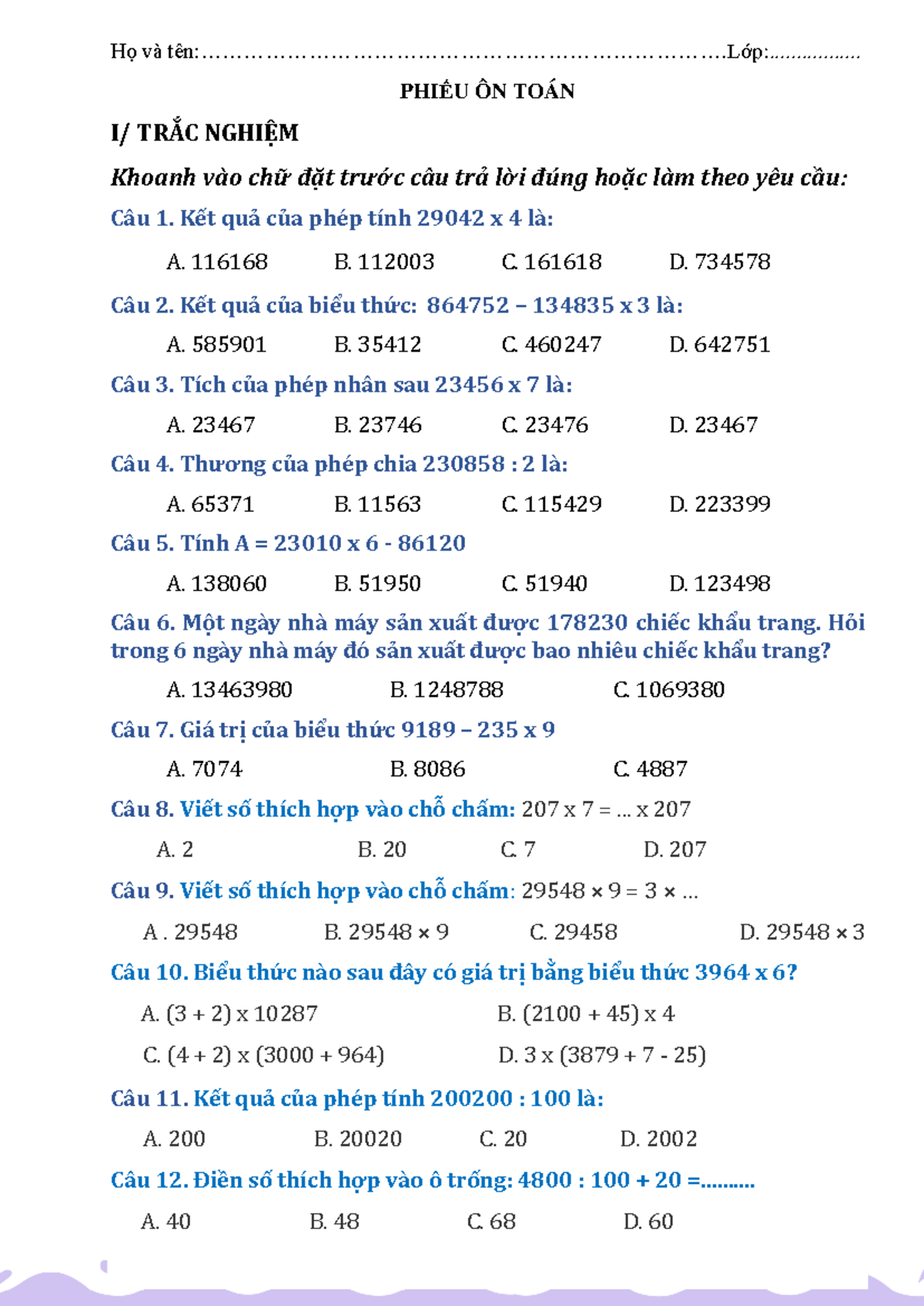 BT Toán T19-20 - BT TOÁN T19-20 - Họ và - Studocu