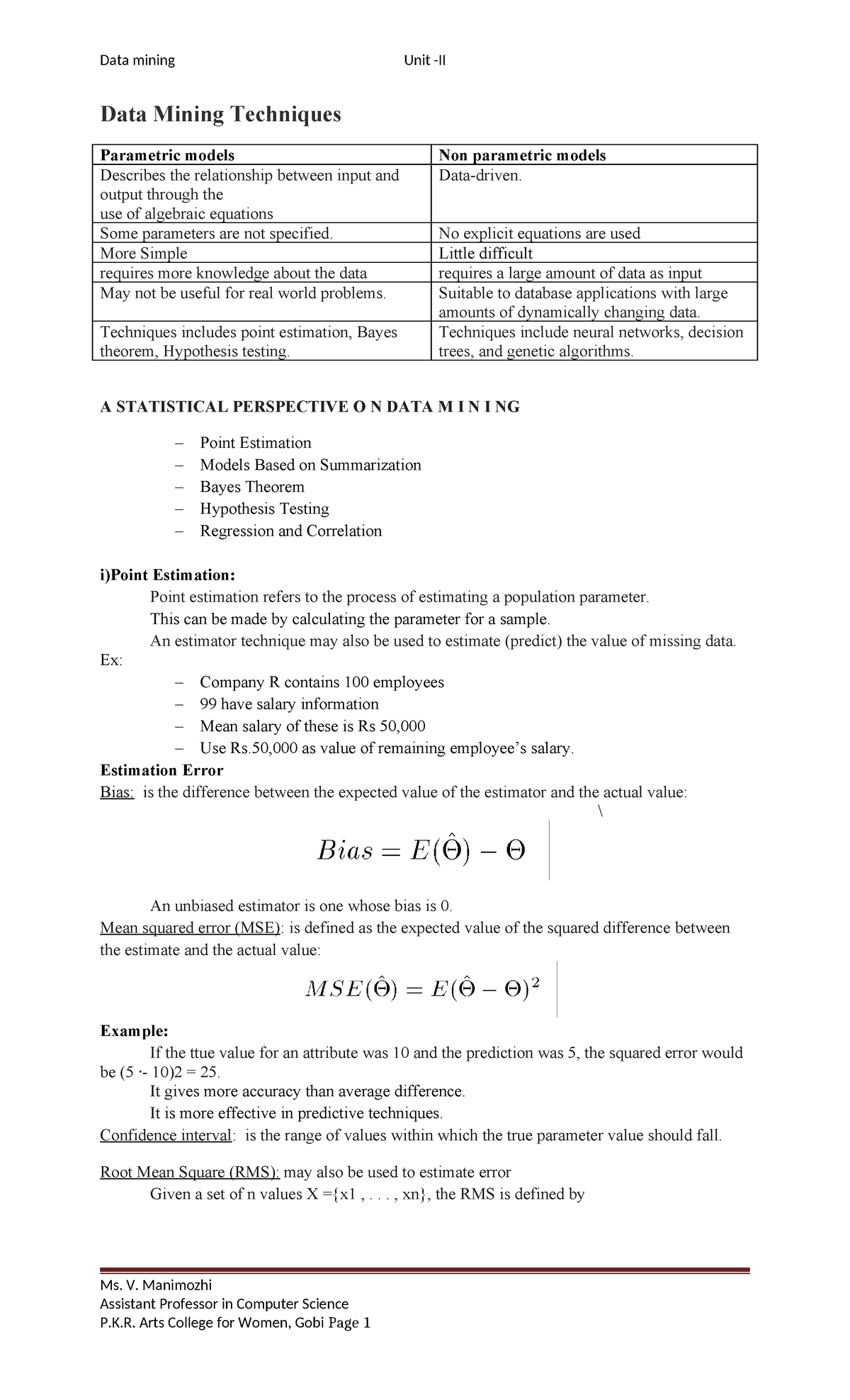 Unit 2 - Summary Masters of computer applications - Data Mining Techniques Parametric models Non ...