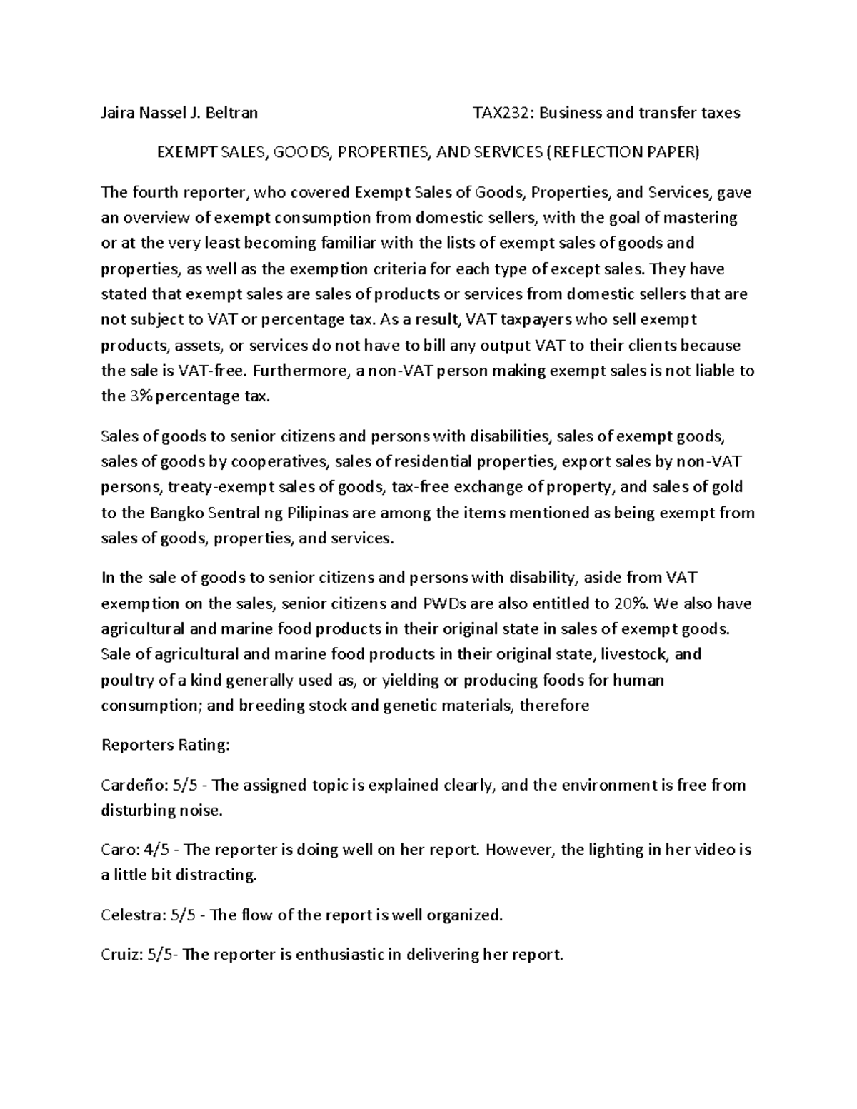 Beltran Group 4 Reflection Paper in Business Taxation - Jaira Nassel J ...