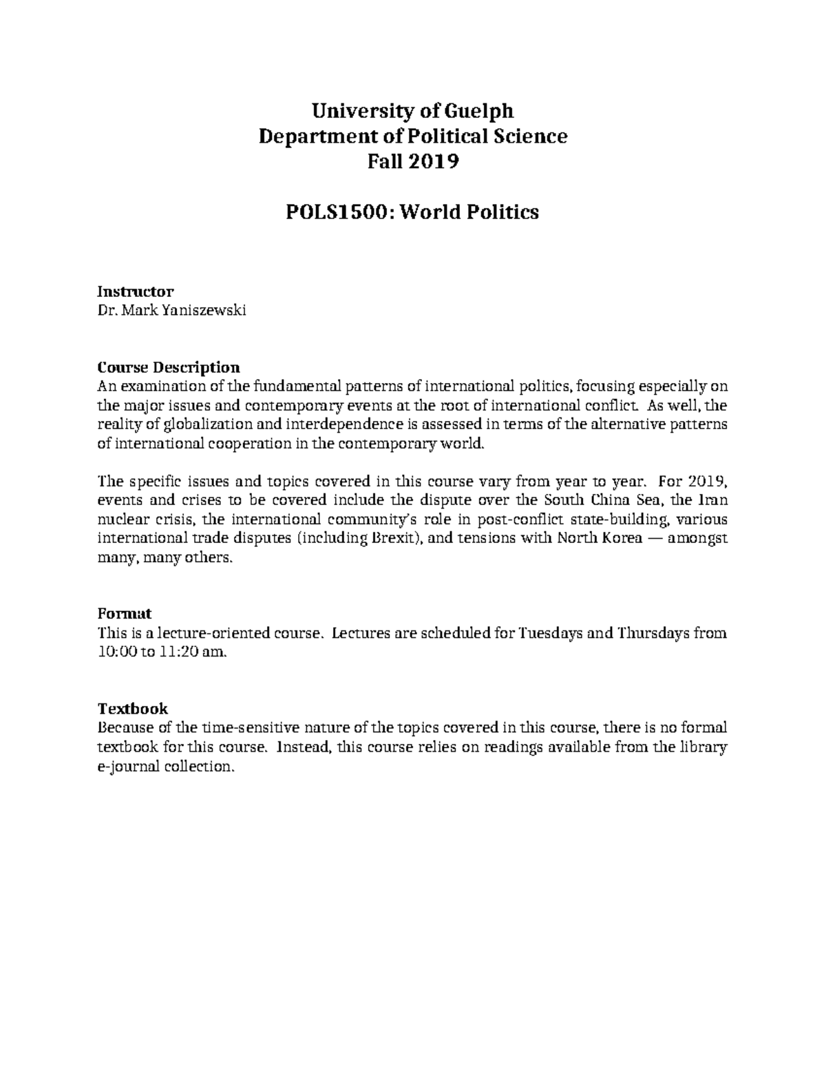 Political Science Outline - University of Guelph Department of ...
