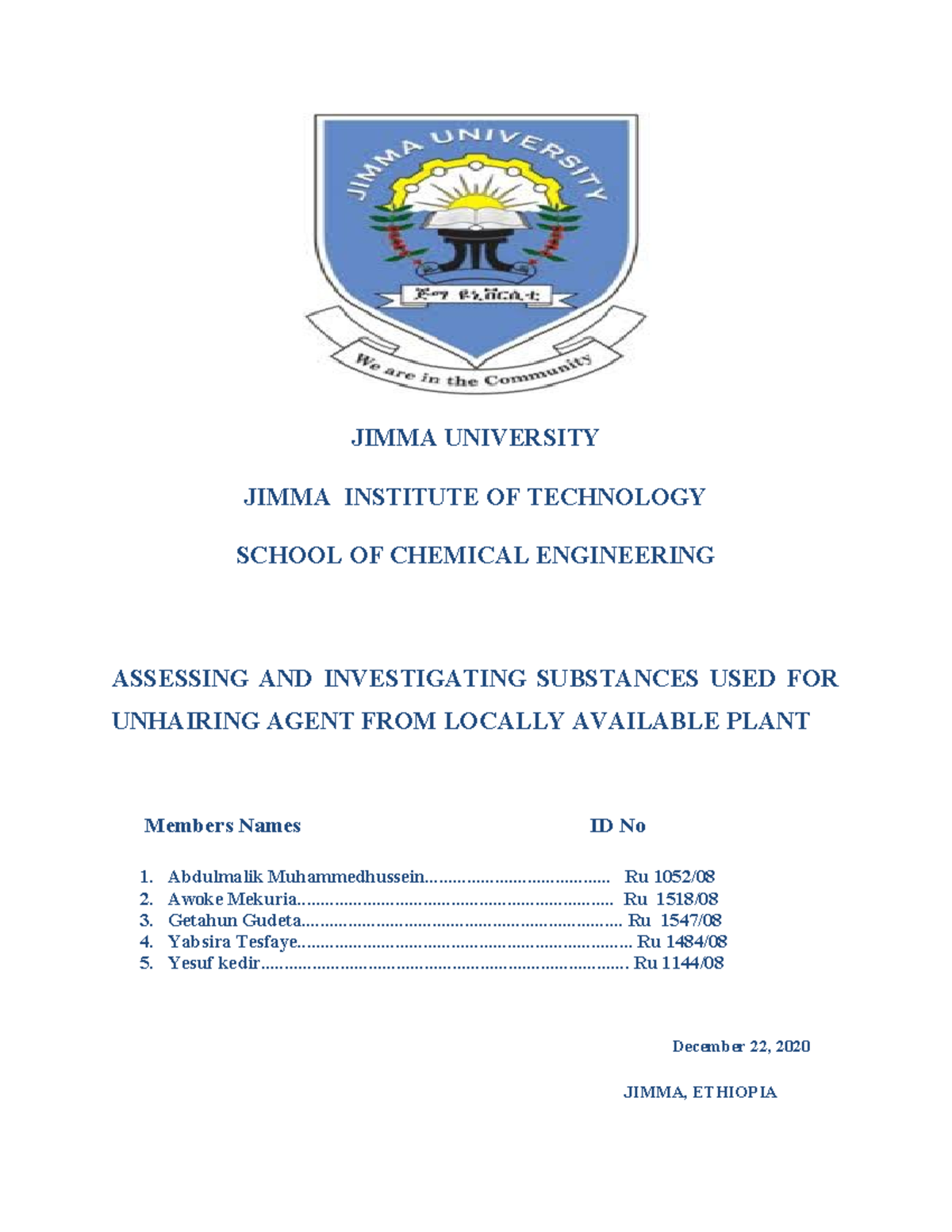 Proposalbyyusufkedir - JIMMA UNIVERSITY JIMMA INSTITUTE OF TECHNOLOGY SCHOOL OF CHEMICAL ...