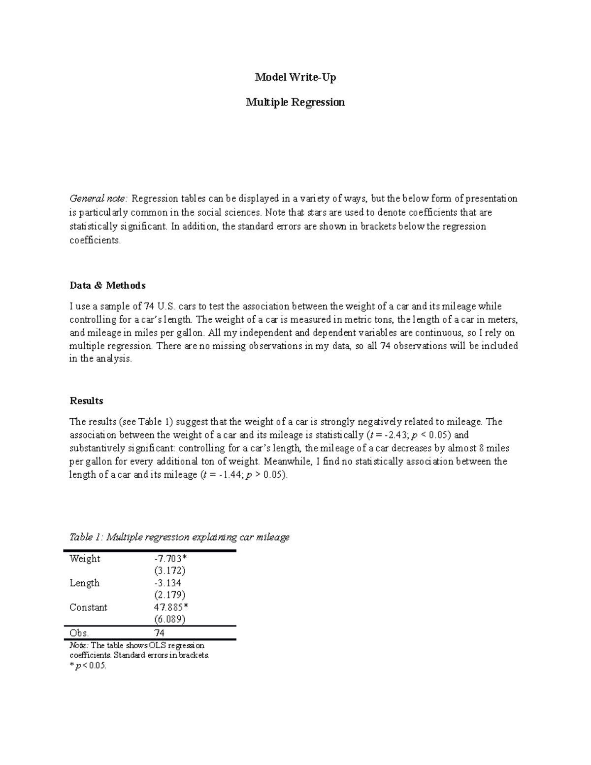 Lectures Week10 Model Write Up Multiple Regression Model Multiple Regression General Note