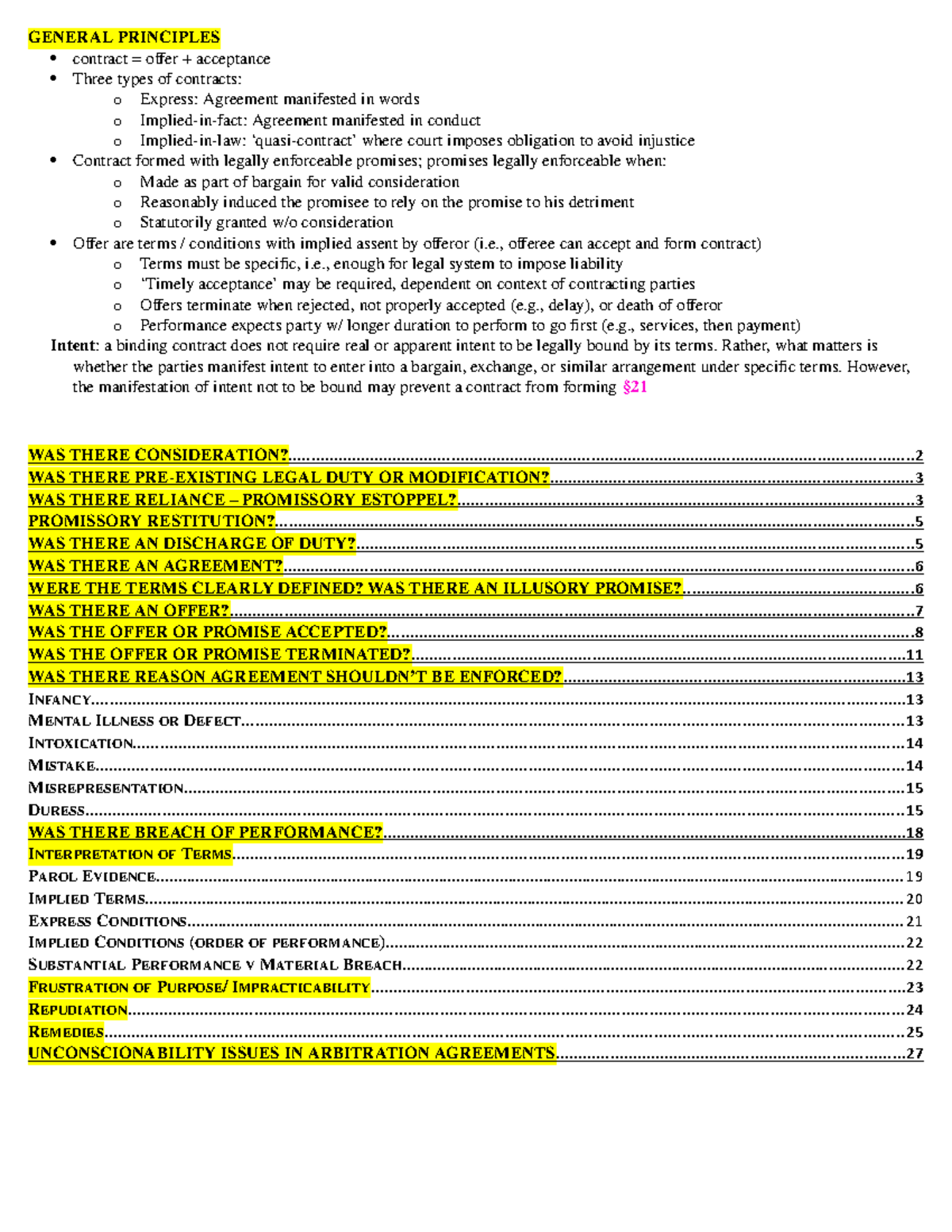 Contract Attack Plan - GENERAL PRINCIPLES contract = offer + acceptance ...