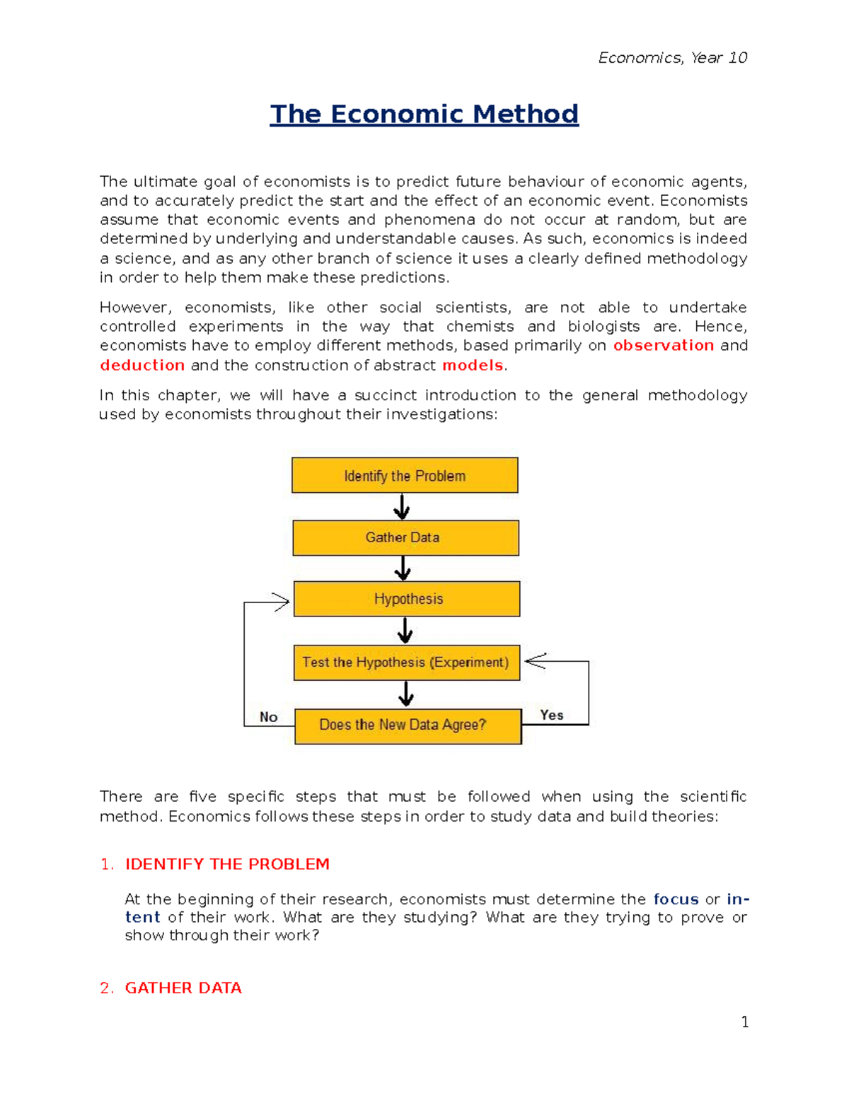 Economic Method - hhhh - Economics, Year 10 The Economic Method The ...