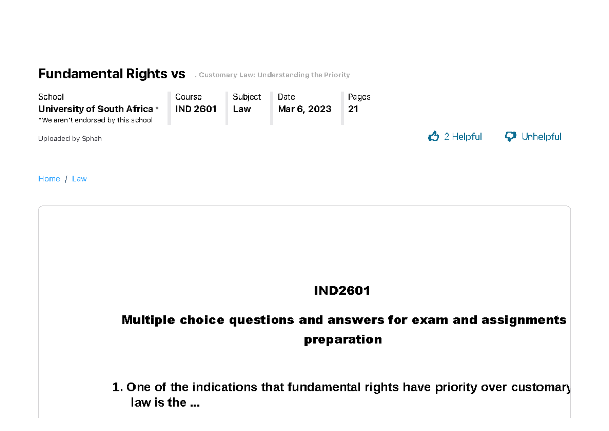 Ind2601 - Question papers - Fundamental Rights vs. Customary Law ...