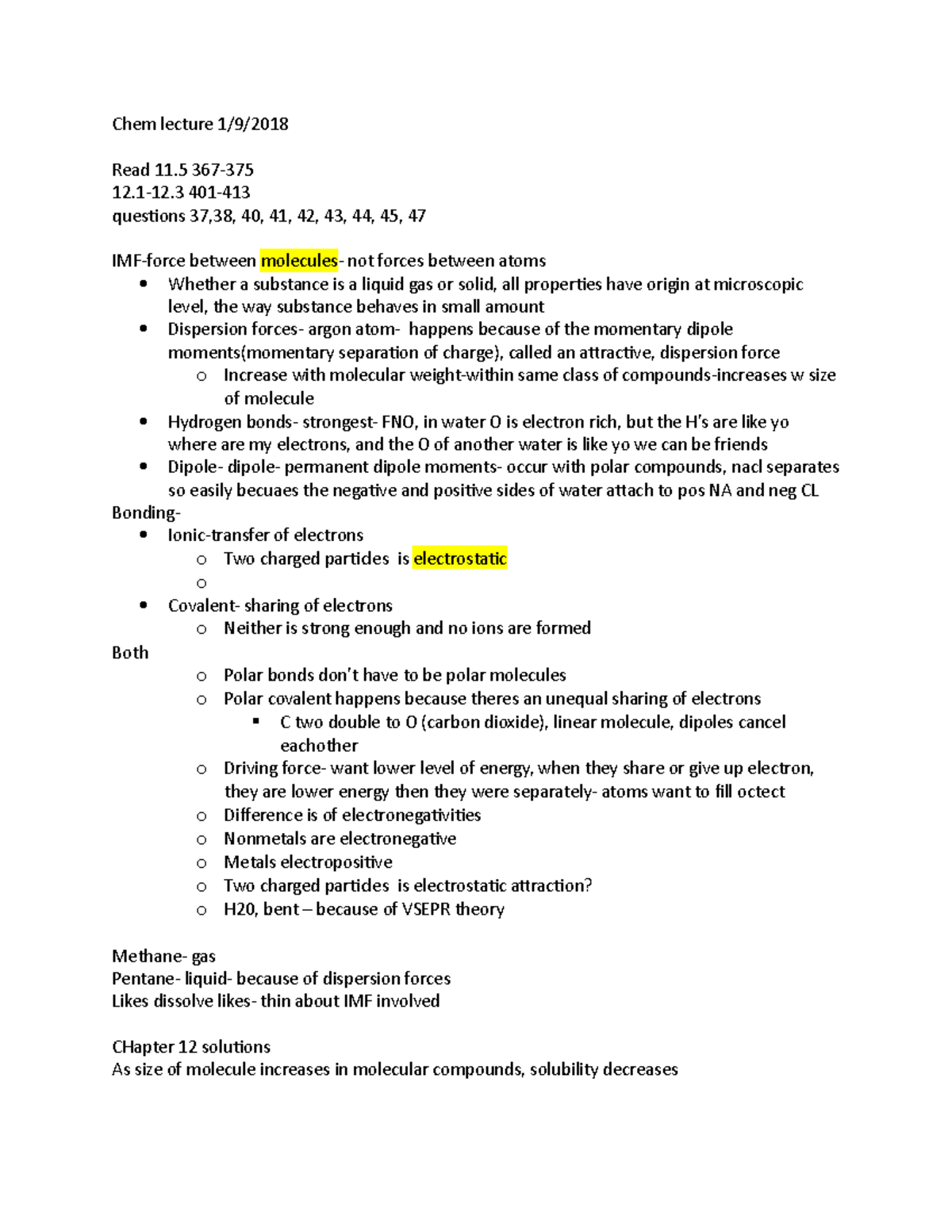 Chem 2 lecture 1 - Carol Fortney - Chem lecture Read 11 questions 37,38 ...