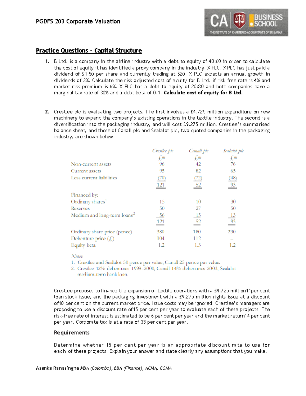 Capital structure practice problems - PGDFS 203 Corporate Valuation ...