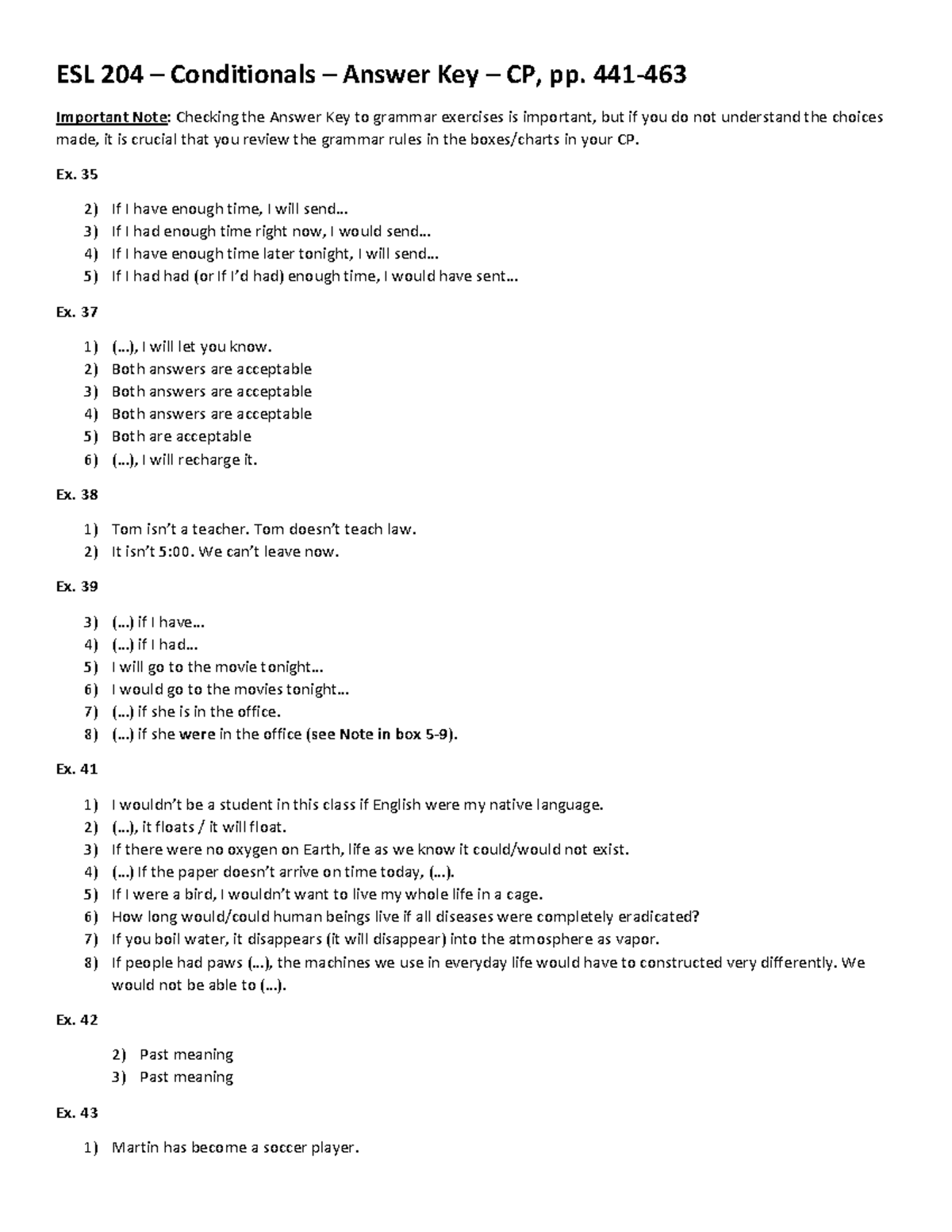 204 Conditionals Answer Key CP - ESL 204 – Conditionals – Answer Key ...