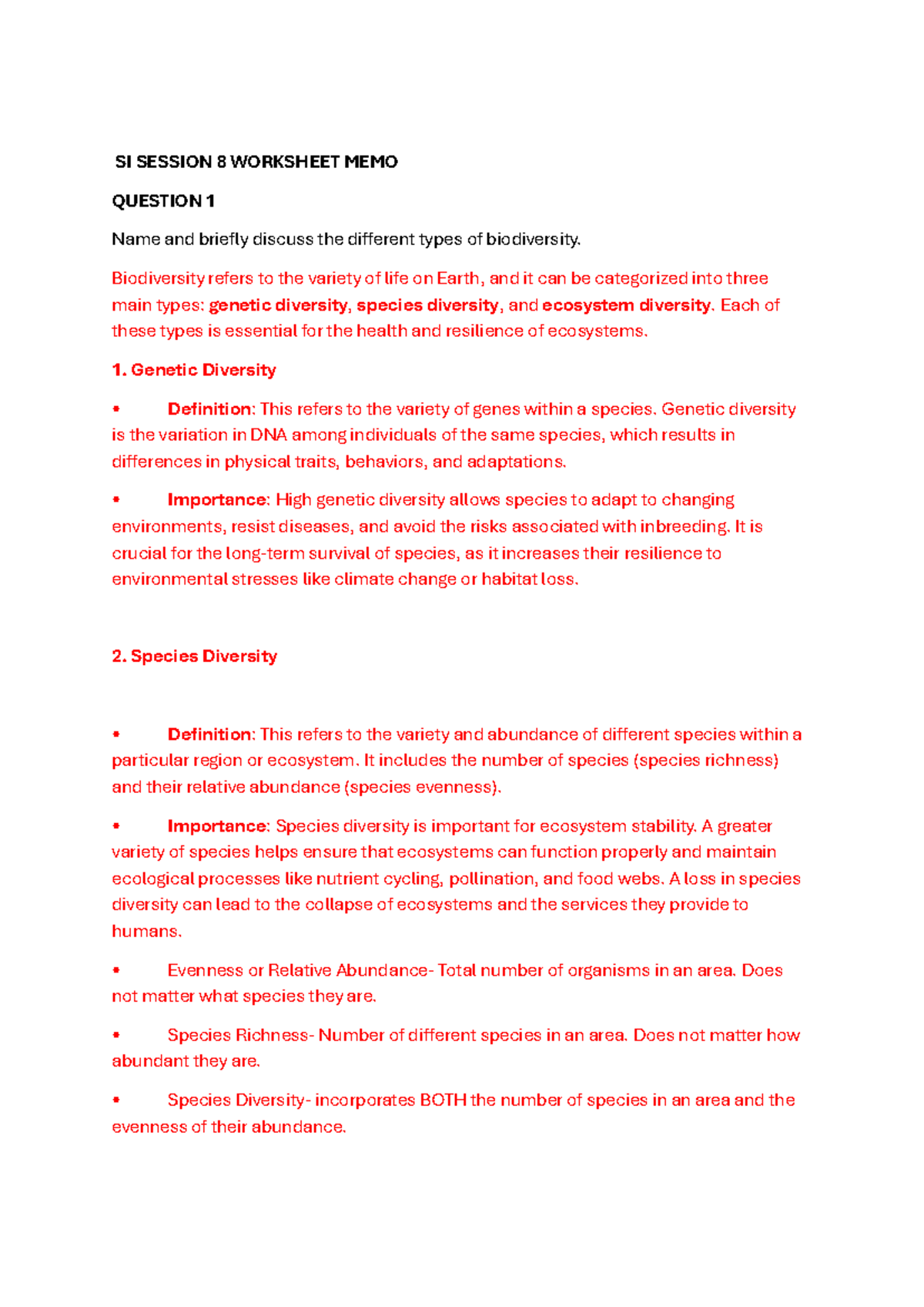SI Session 8 Worksheet W MEMO - SI SESSION 8 WORKSHEET MEMO QUESTION 1 Name and briefly discuss ...