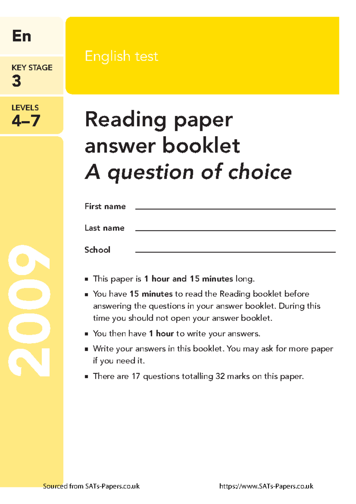 Ks3 english 2009 reading answer booklet - Reading paper answer booklet ...