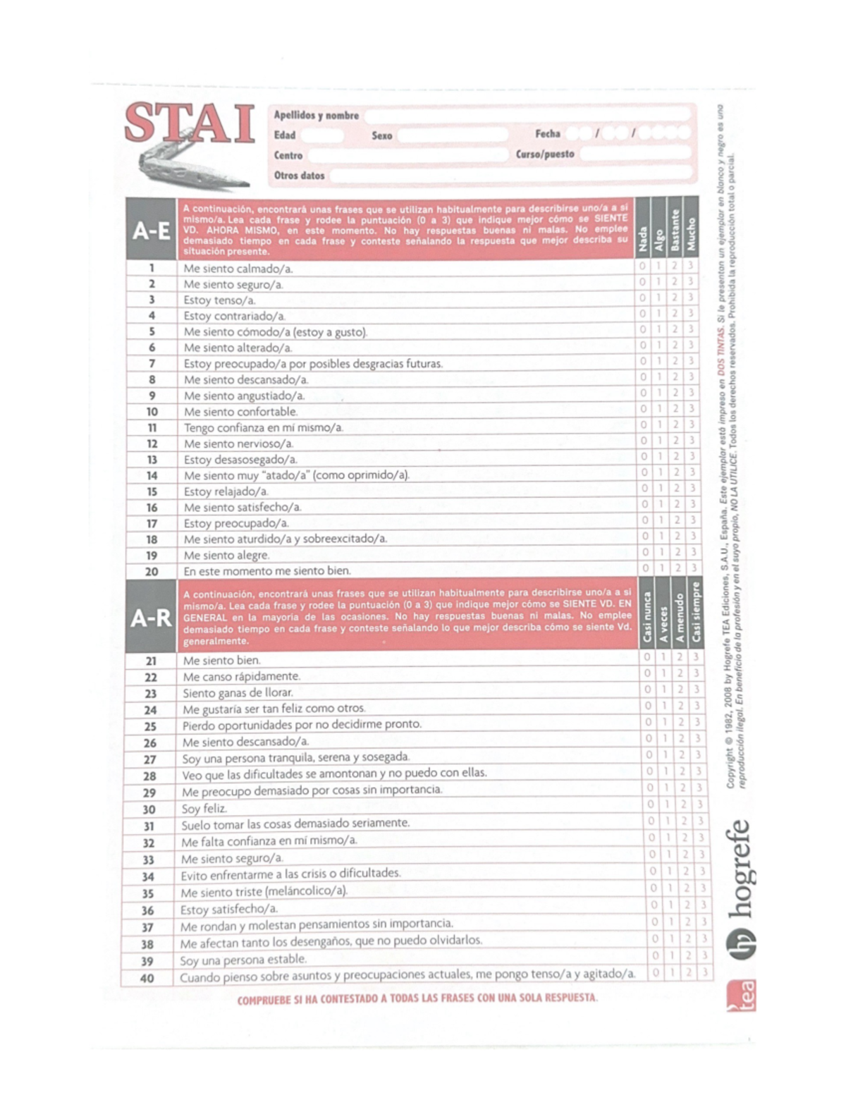 STAI - Cuestionario de Ansiedad Estado/Rasgo - psicologia clinica - Studocu