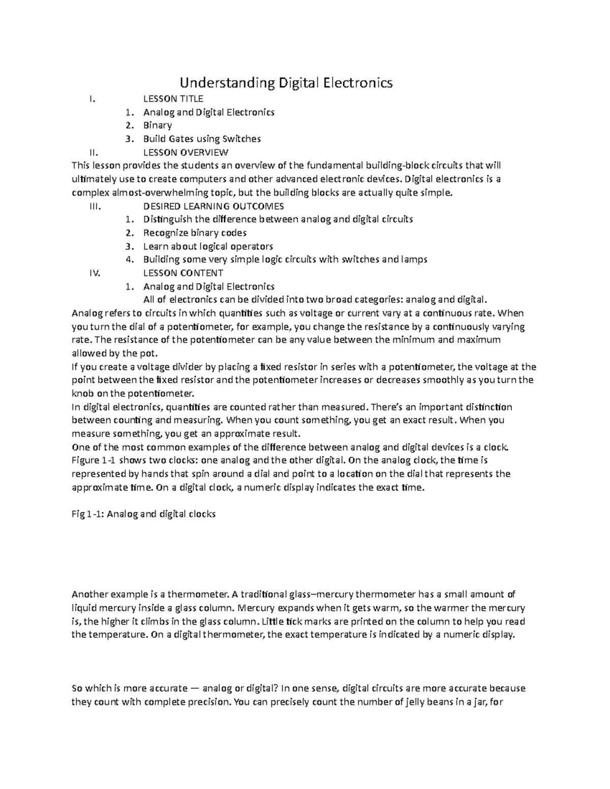 Understanding Digital Electronics - LESSON TITLE Analog and Digital ...