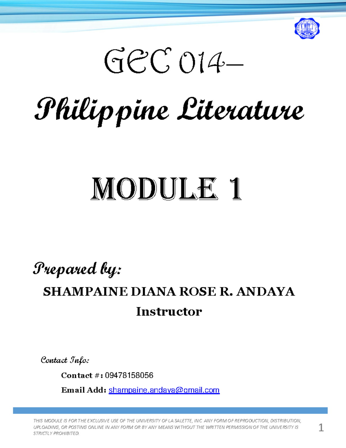 Module 1 -Development of Philippine Literature - THIS MODULE IS FOR THE ...