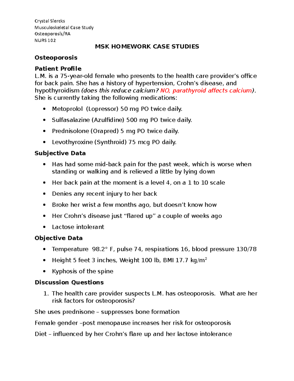 Musculoskeletal osteoperosis RA - Musculoskeletal Case Study ...