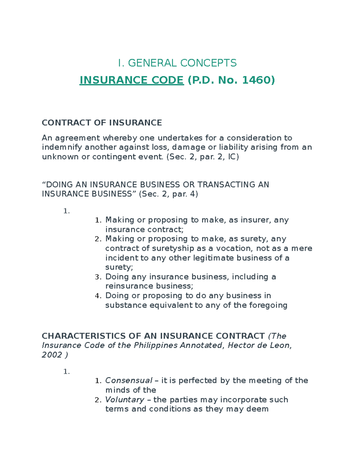 Insurance Notes - I. GENERAL CONCEPTS INSURANCE CODE (P. No. 1460 ...