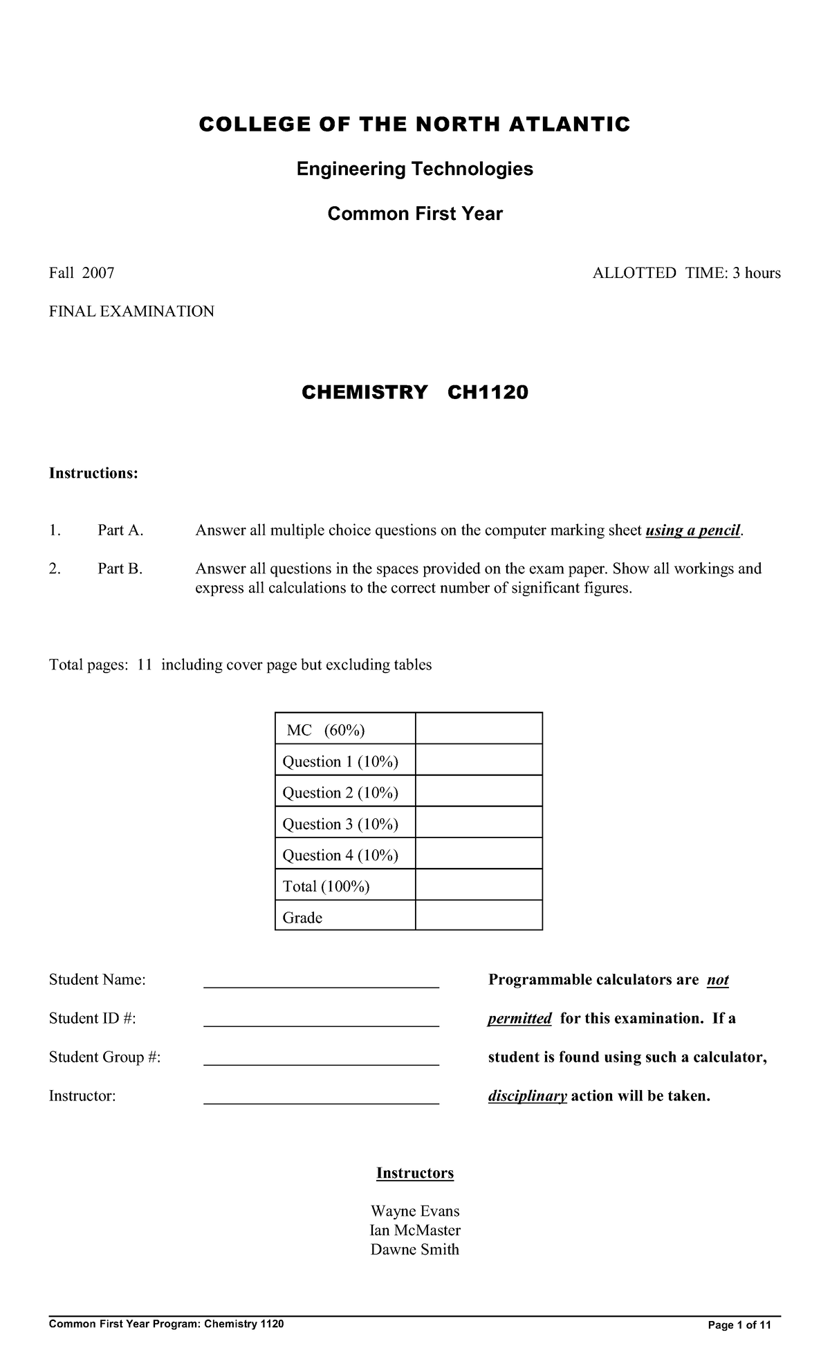 CH1120 2007 Final Exam - COLLEGE OF THE NORTH ATLANTIC Engineering ...