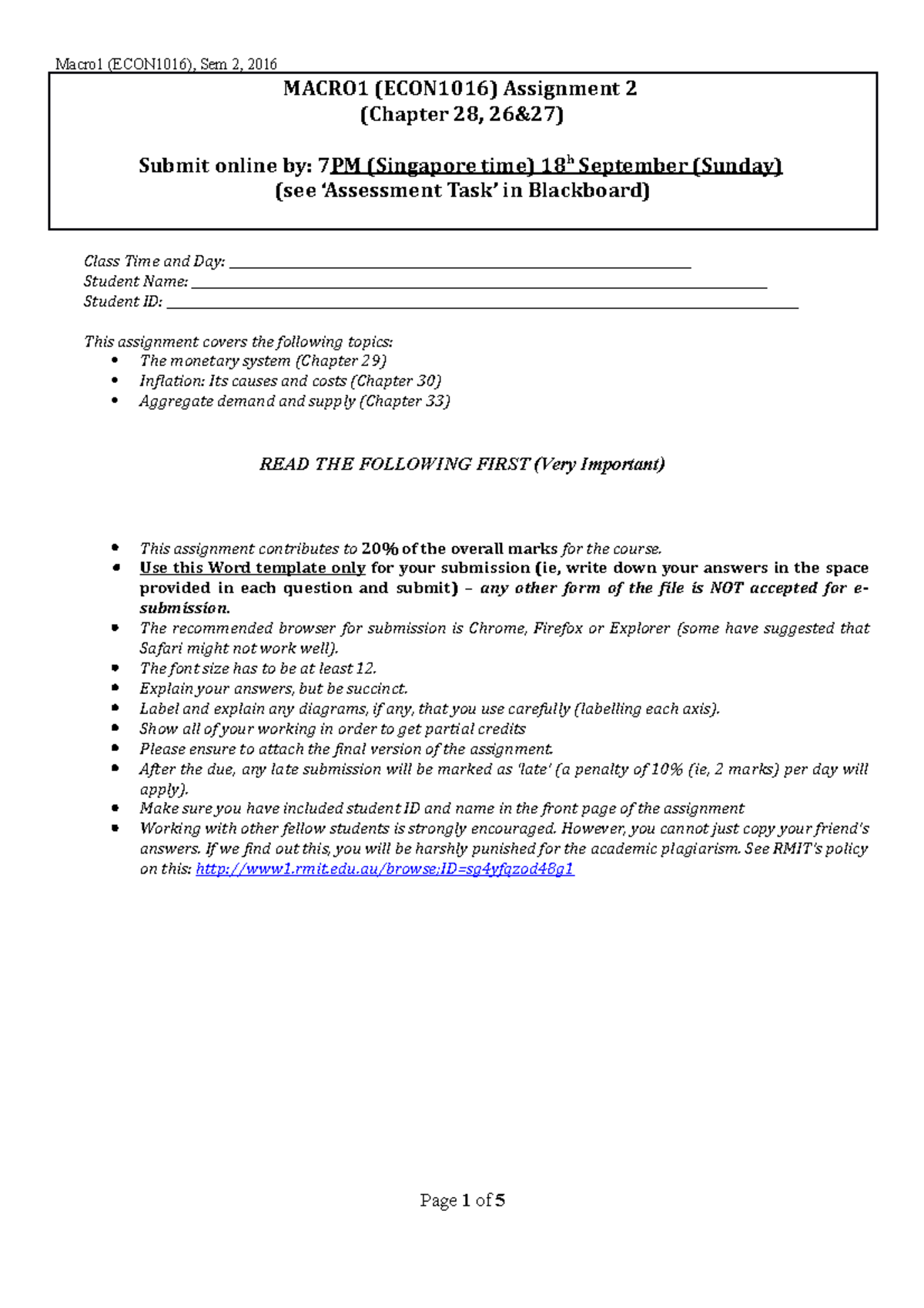 Assigment 2 Macro 1 sem2 2016 Answers - Macro1 (ECON1016), Sem 2, 2016 ...