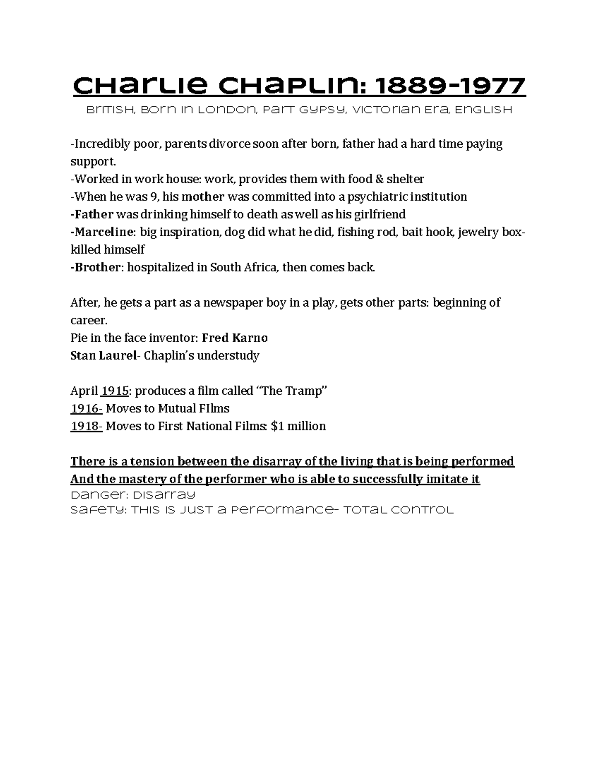 10 28 2014 Lecture Notes - Charlie Chaplin: 1889-1977 British, Born in ...