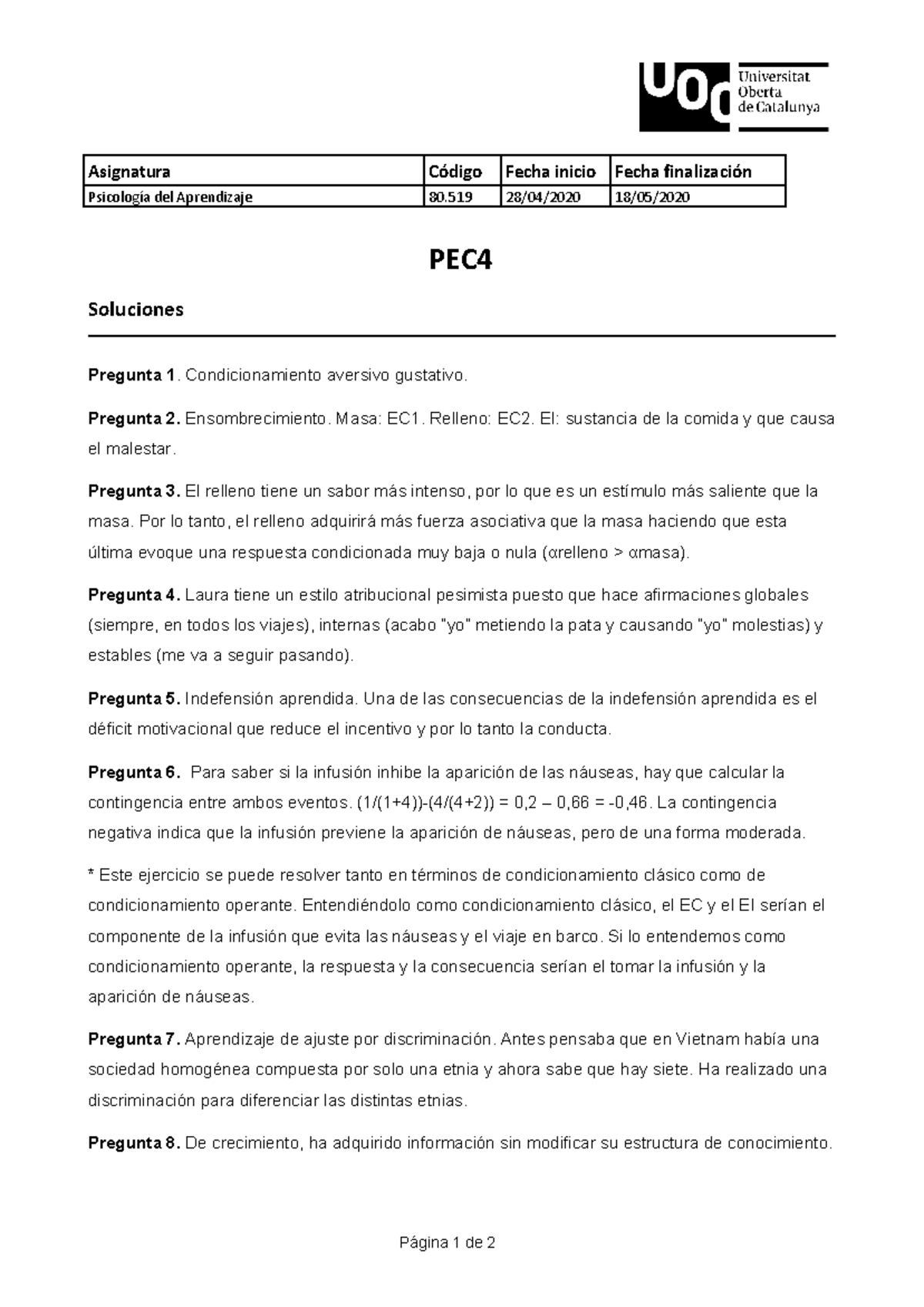 PEC 4 Feedback Psicología del Aprendizaje 2019 - Asignatura Código Fecha inicio Fecha ...