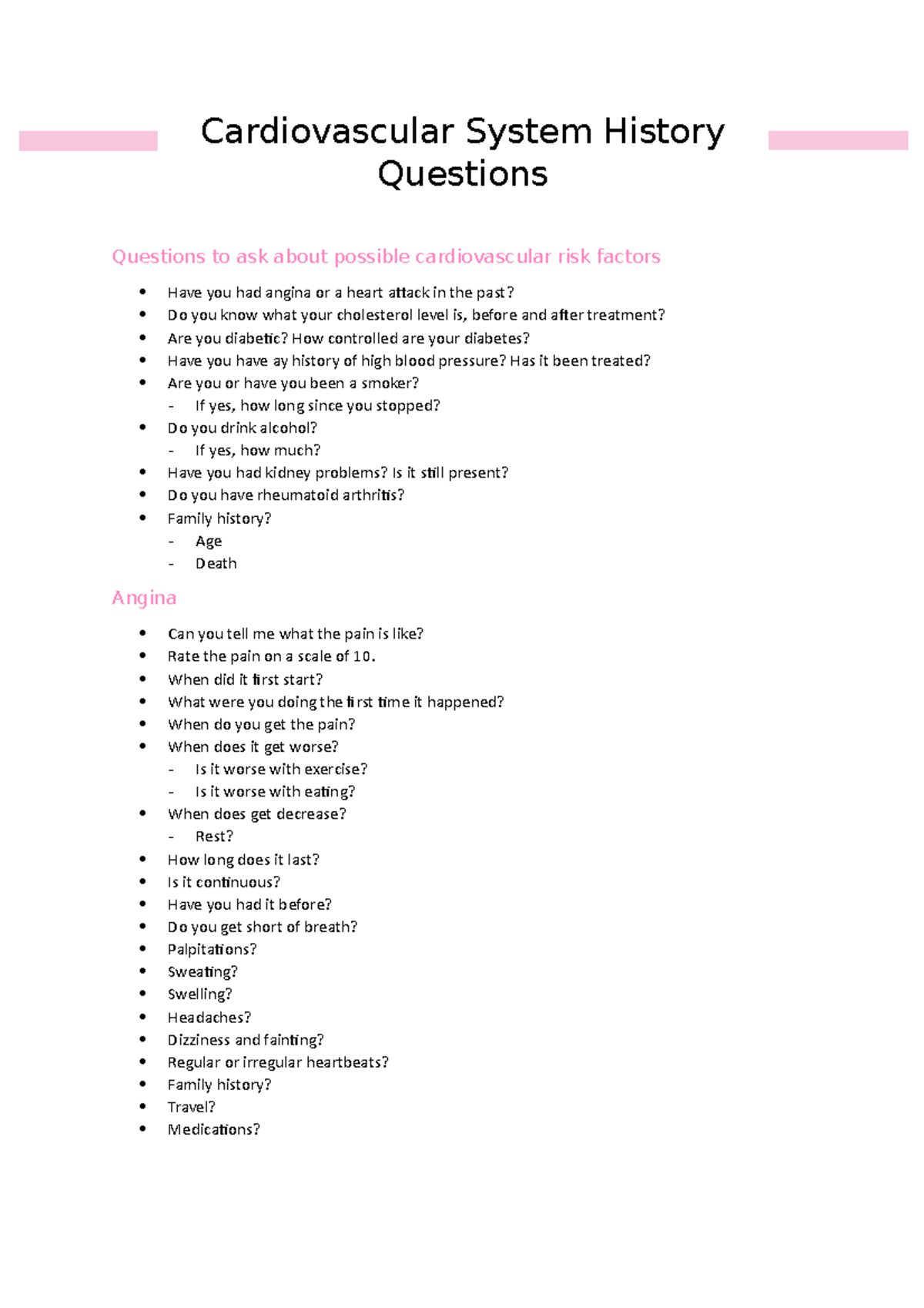 Cardiovascular System History Questions -ICM Sem 1 - Cardiovascular ...